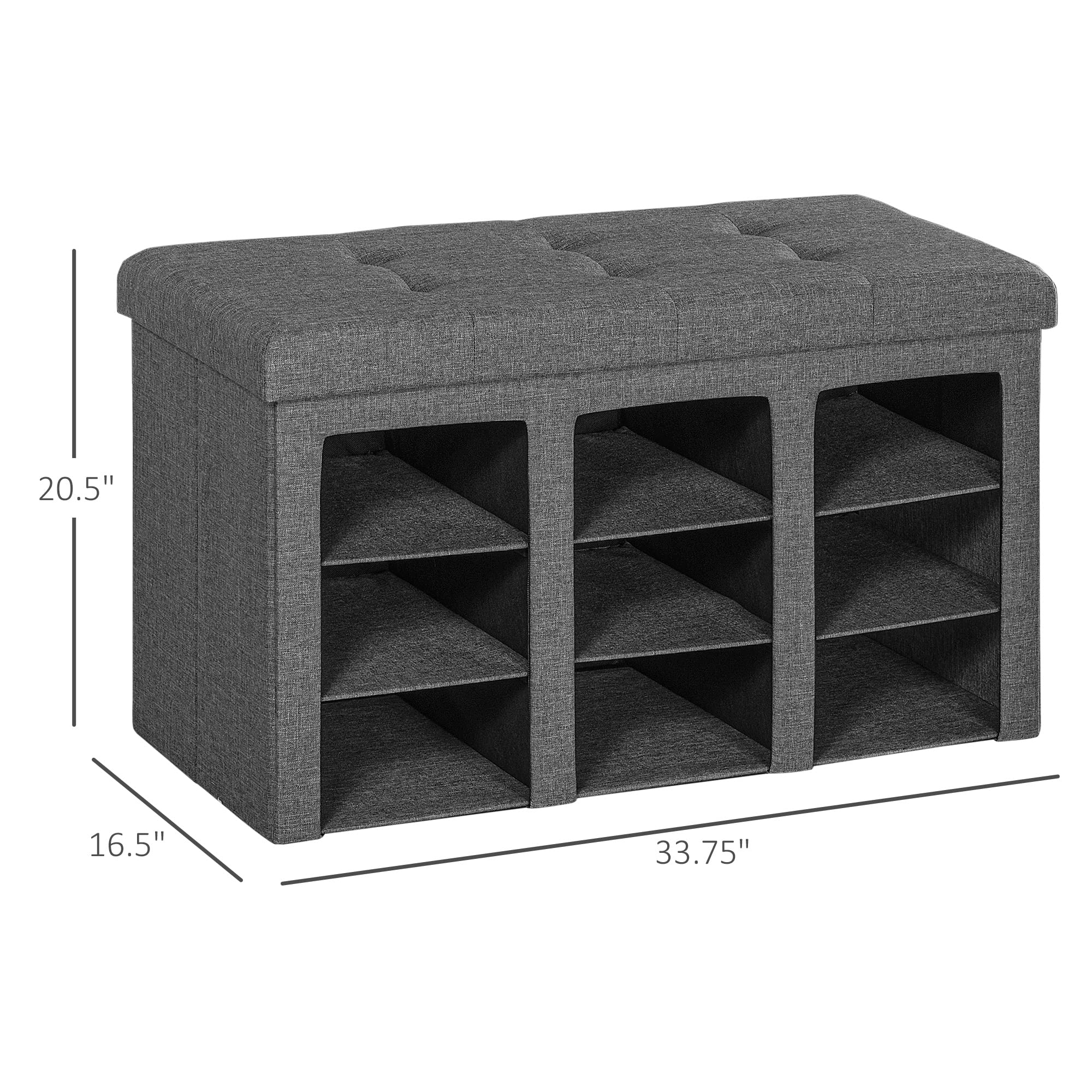HOMCOM Modern Folding Shoe Storage Bench with Flipping Lid, Ottoman Bench for Bedroom & Hallway with 9 Cubes, Gray