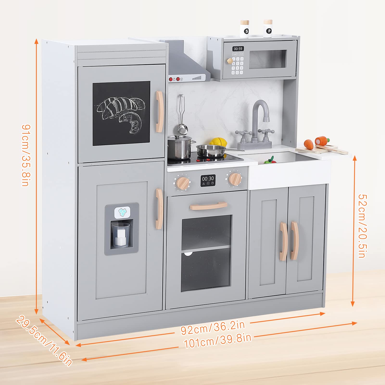 Kids Kitchen Playset, Wooden Chef Pretend Play Set with 20 PCS Cookware Accessories, Wooden Cookware Pretend with Ice Maker, Microwave, Oven, Range Hood, Sink, Real Lights & Sounds,Gray