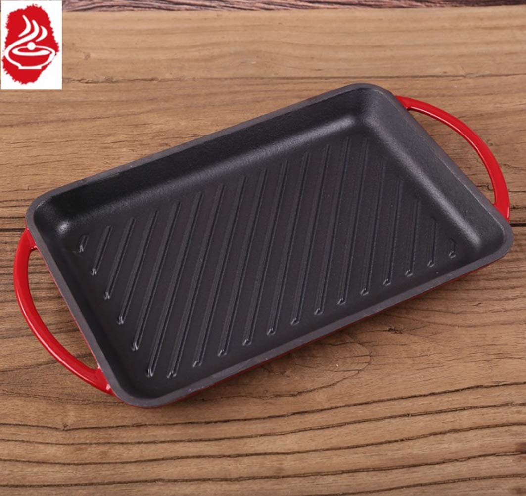 LI-GELISI Enameled Pre-Seasoned Cast Iron Double Handle Rectangle Grill Pan 15.8 inch, Red