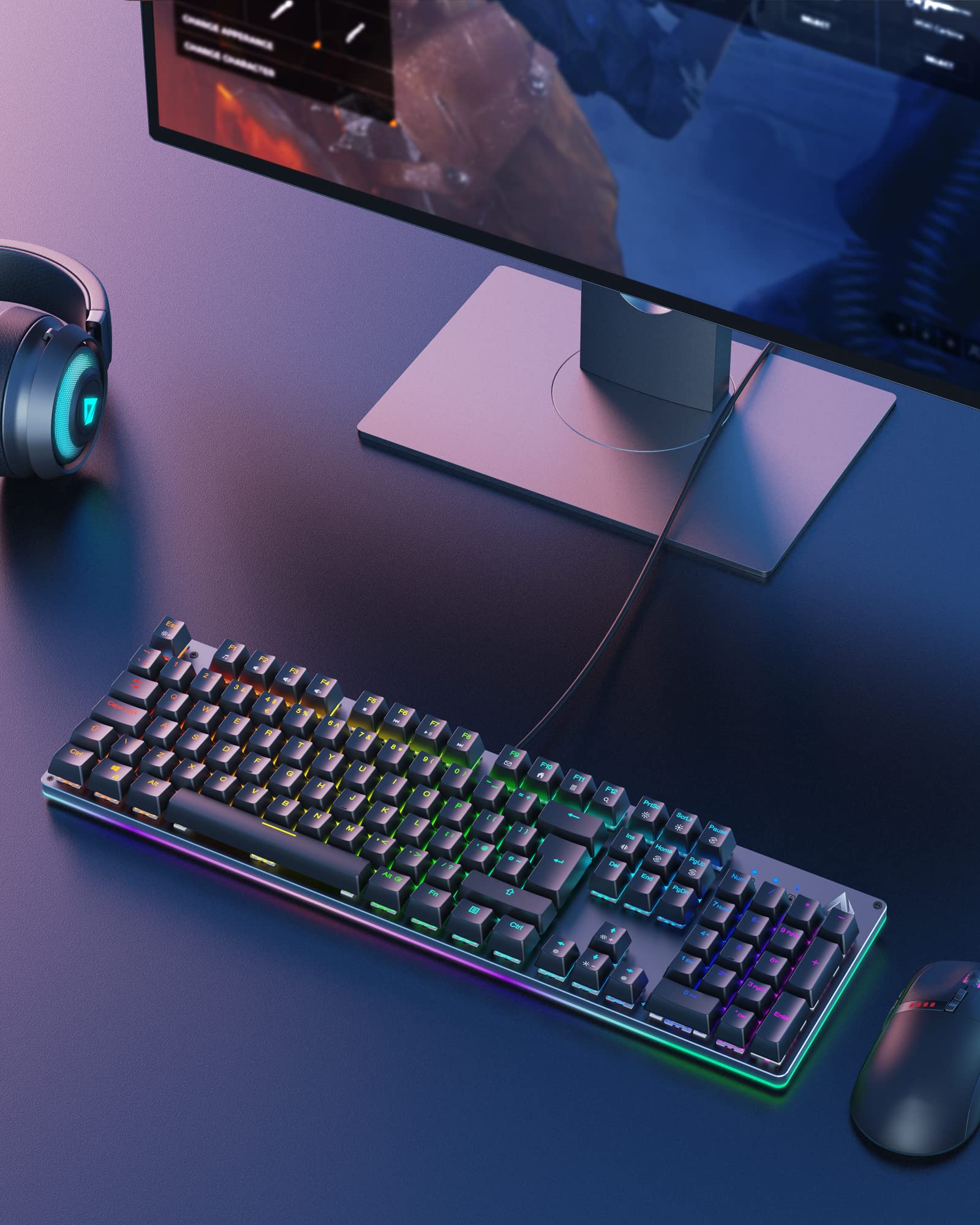 Mechanical Keyboard RGB 104 Keys LED Backlit Wired Gaming Keyboard with Red Switches, Customizable Key with 19 LED RGB Color Modes, 8 Levels Brightness and Speed Adjustment, Fully Programmable
