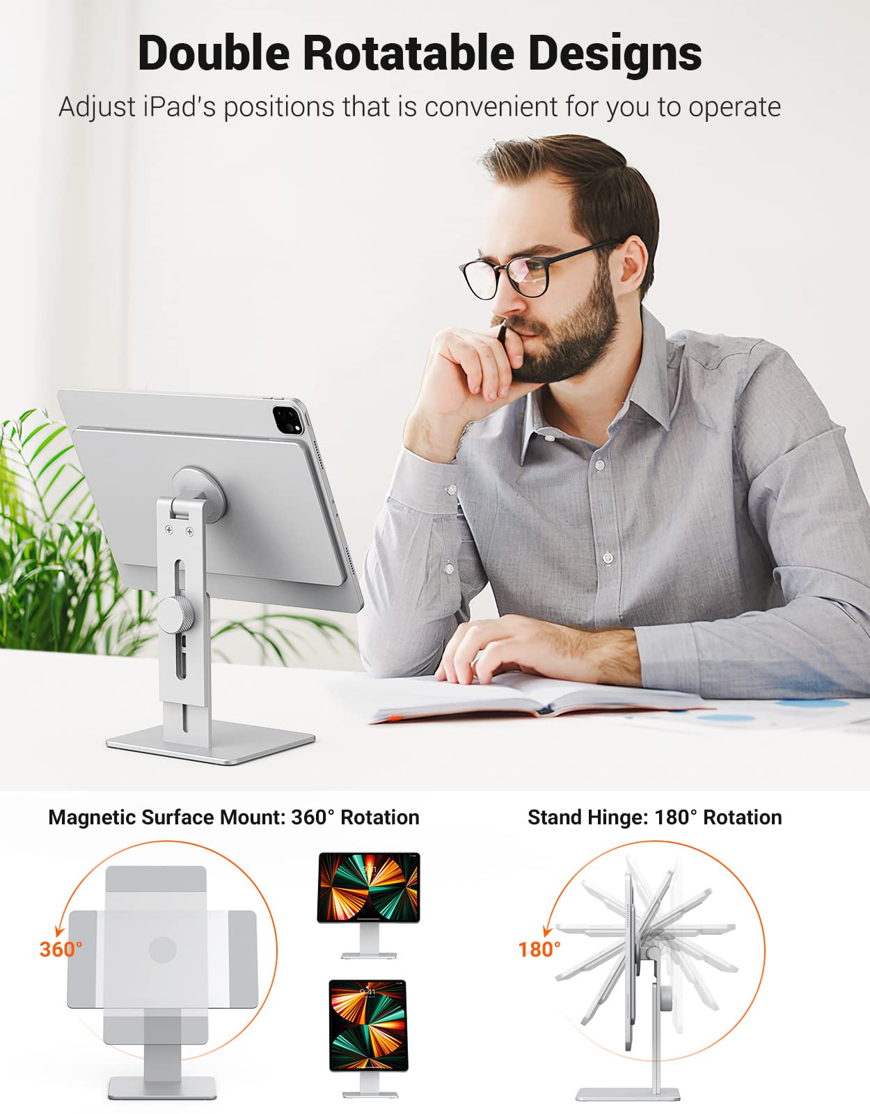 MoKo Magnetic iPad Stand, Aluminium Portable iPad Tablet Holder Compatible Apple iPad Pro 12.9 Inch 3rd/4th/5th Generation, Adjustable and Rotatable Floating Magnetic iPad Pro Stand Holder, Silver
