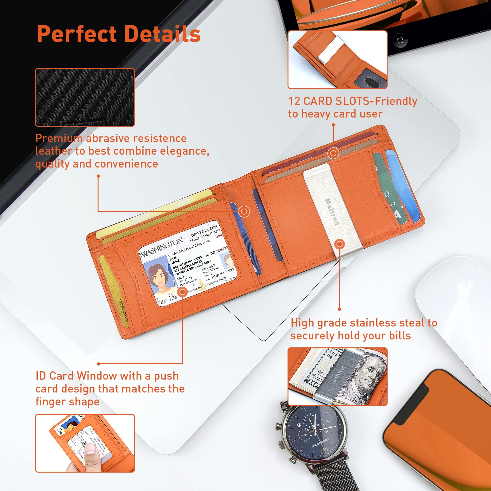 Maitron Wallet for Men, Slim RFID Money Clip Wallet, Bifold Minimalist Wallet with ID Window & 12 Card Slots