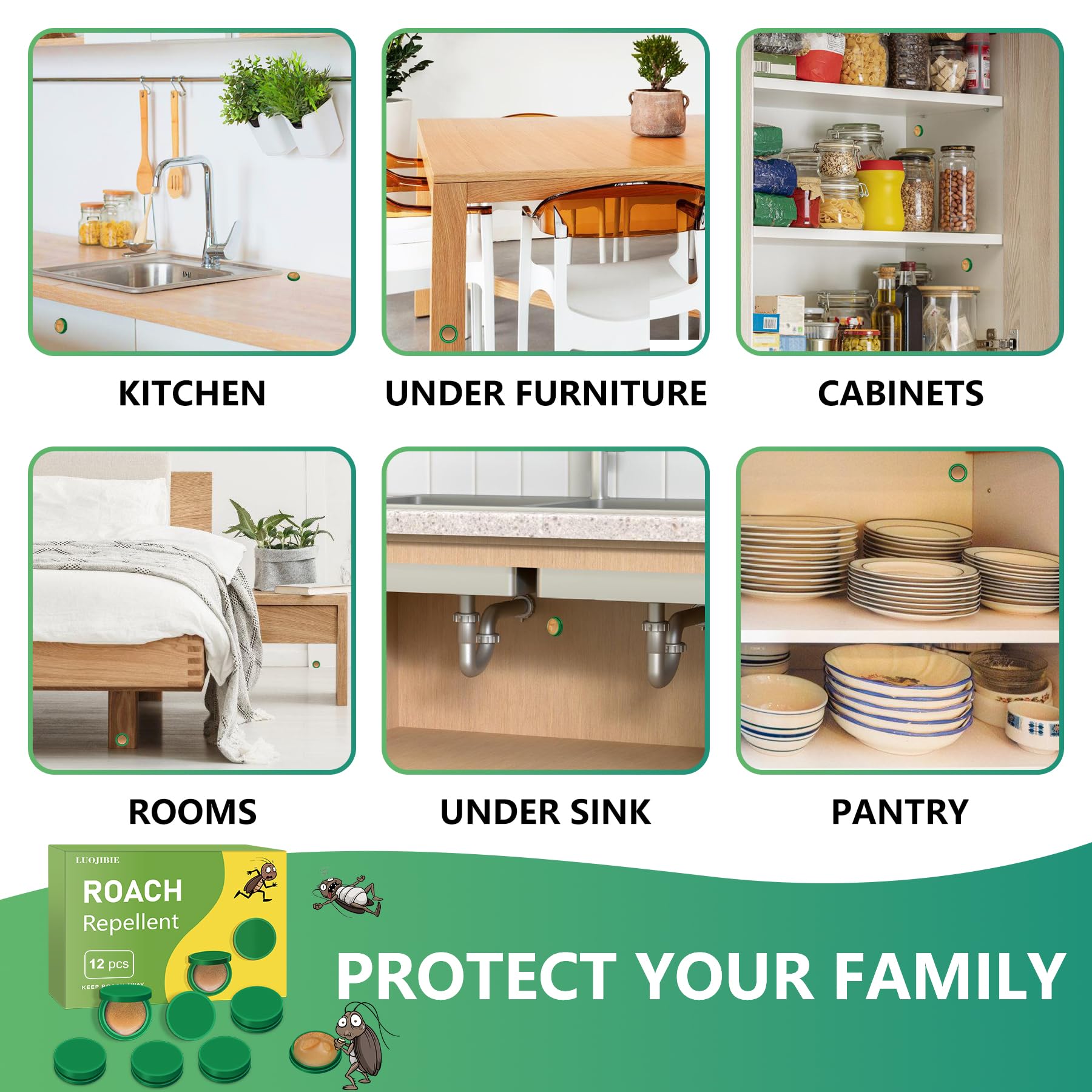 LUOJIBIE Roach Bait Stations, Natural Cockroach Repellent, Roach Traps Indoor/Outdoor Use, Roach Killer Indoor Infestation for Small & Large Roaches-12P