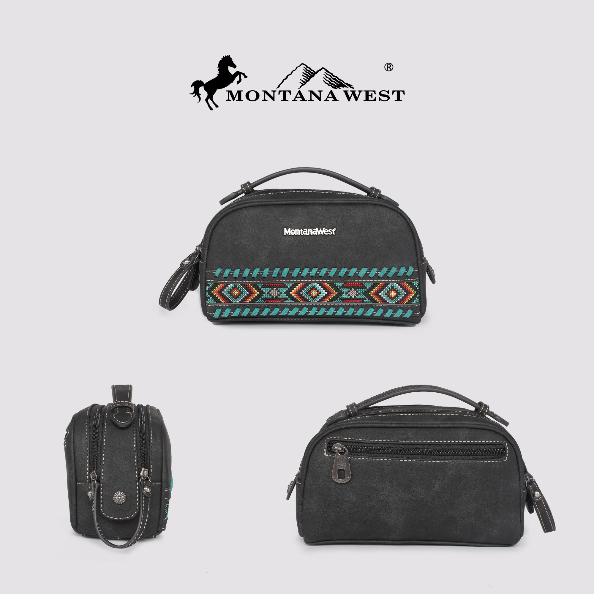 Montana West Aztec Embroidered Collection Western Purses Travel Pouch Cosmetic Organizer for Women MW1074-190BK