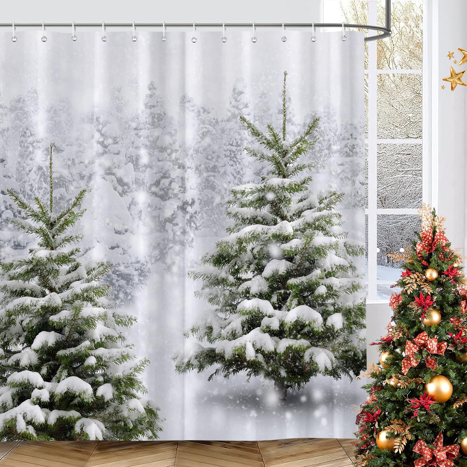 GOOESING Christmas Tree Shower Curtain Winter Forest Pine Tree Snowflake Snowfall Natural Scene Bathroom Shower Curtains for Bathtub Decoration with Hooks 60x72 Inch