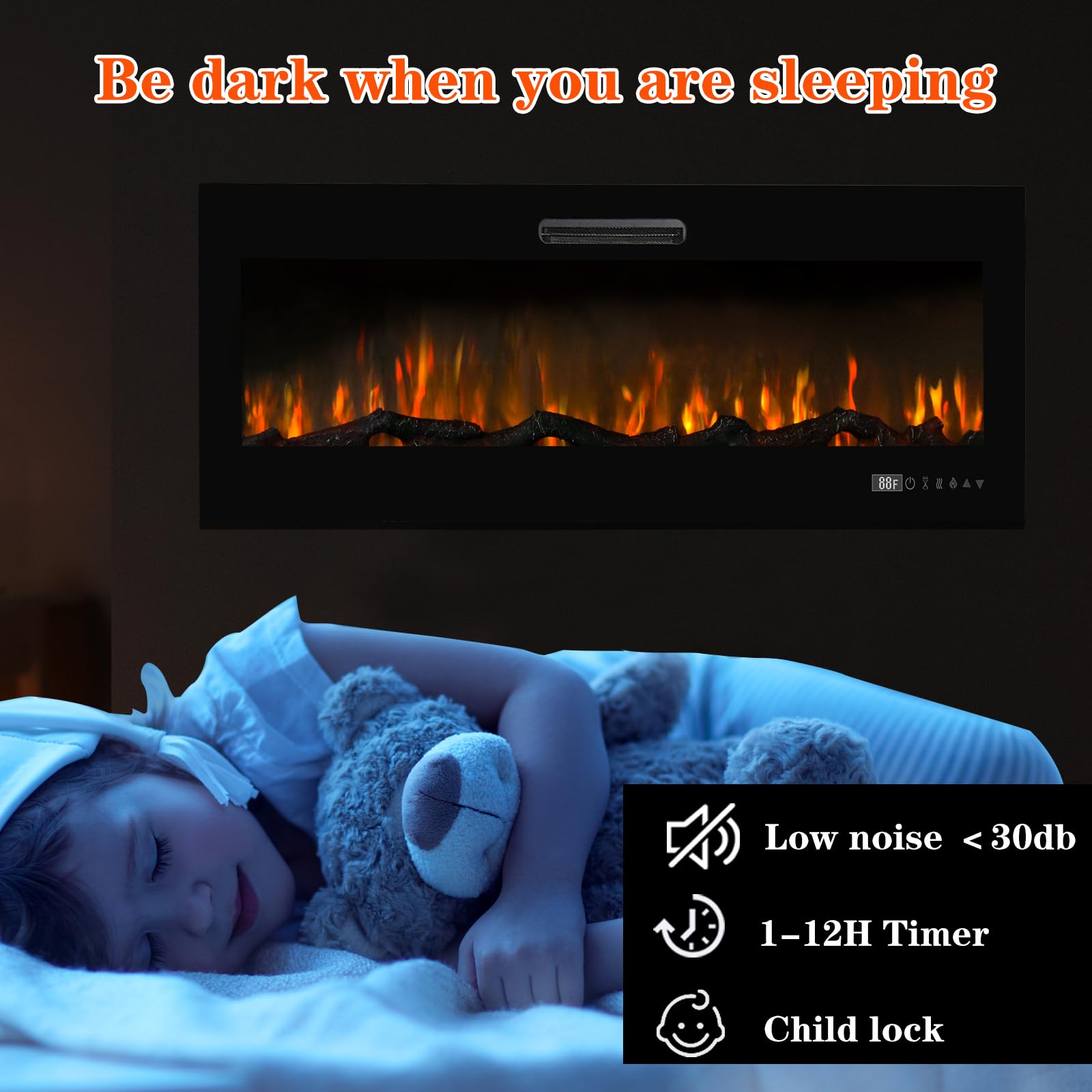 Hello.Dr 50" Ultra-Thin Electric Fireplace Recessed and Wall Mounted - Touch Screen & Remote Control with 12h Timer - Realistic 9 Color Flame and 5 Brightness - Log & Crystal Options,750/1500W