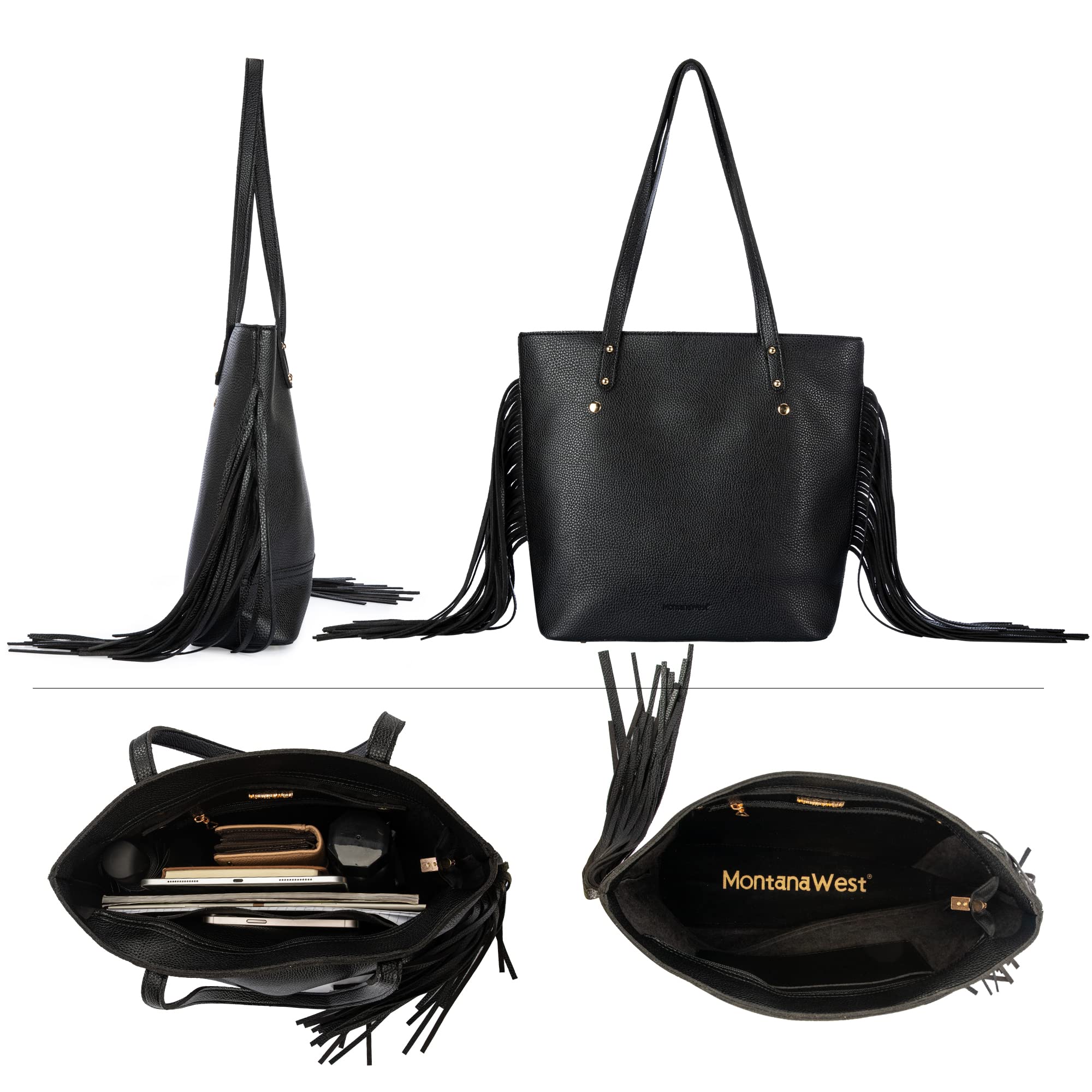 Montana West Fringe Tote Bag for Women Vegan Leather Large Purse for Work AR1-MWC-067-BK