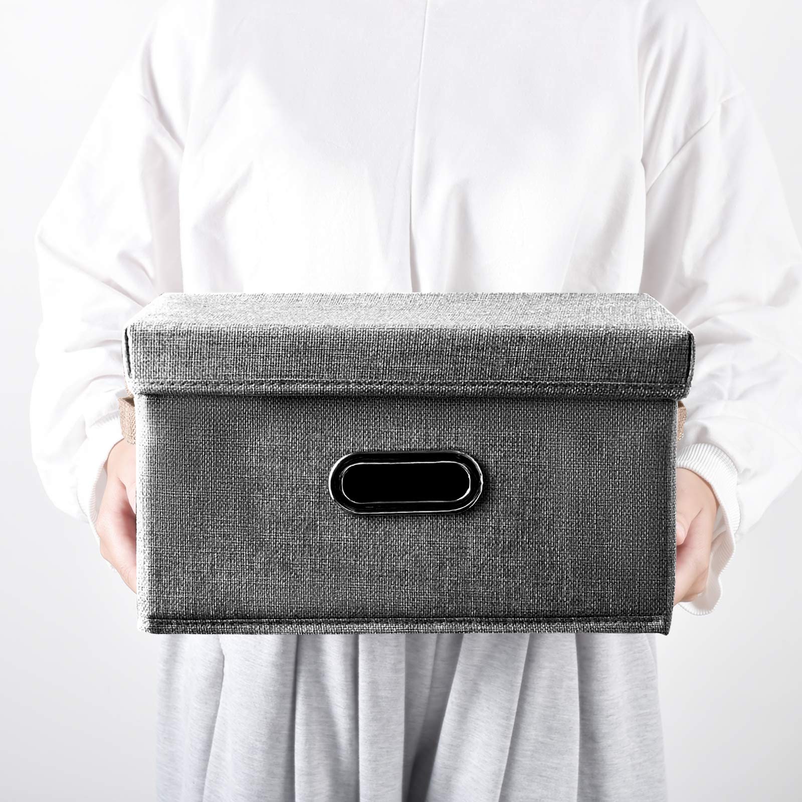 HONGKERNE Linen Fabric Storage Bin with Lid[1-Pack] Foldable Storage Box Organizer Storage Basket with Lid Closet Storage Bins for Clothes Storage Containers for Bedroom Office Home (Gray, Small)