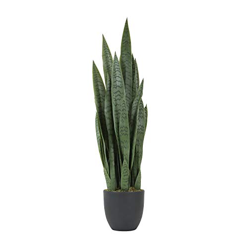 Worth Garden 3ft Artificial Snake Plant Fake Sansevieria Indoor Outdoor, 28 Thick Leaves Lifelike Faux Silk Plant, Home Decor Mother in Law Tongue Plant 35in, Black Pot & 20g Dry Moss Included, Green