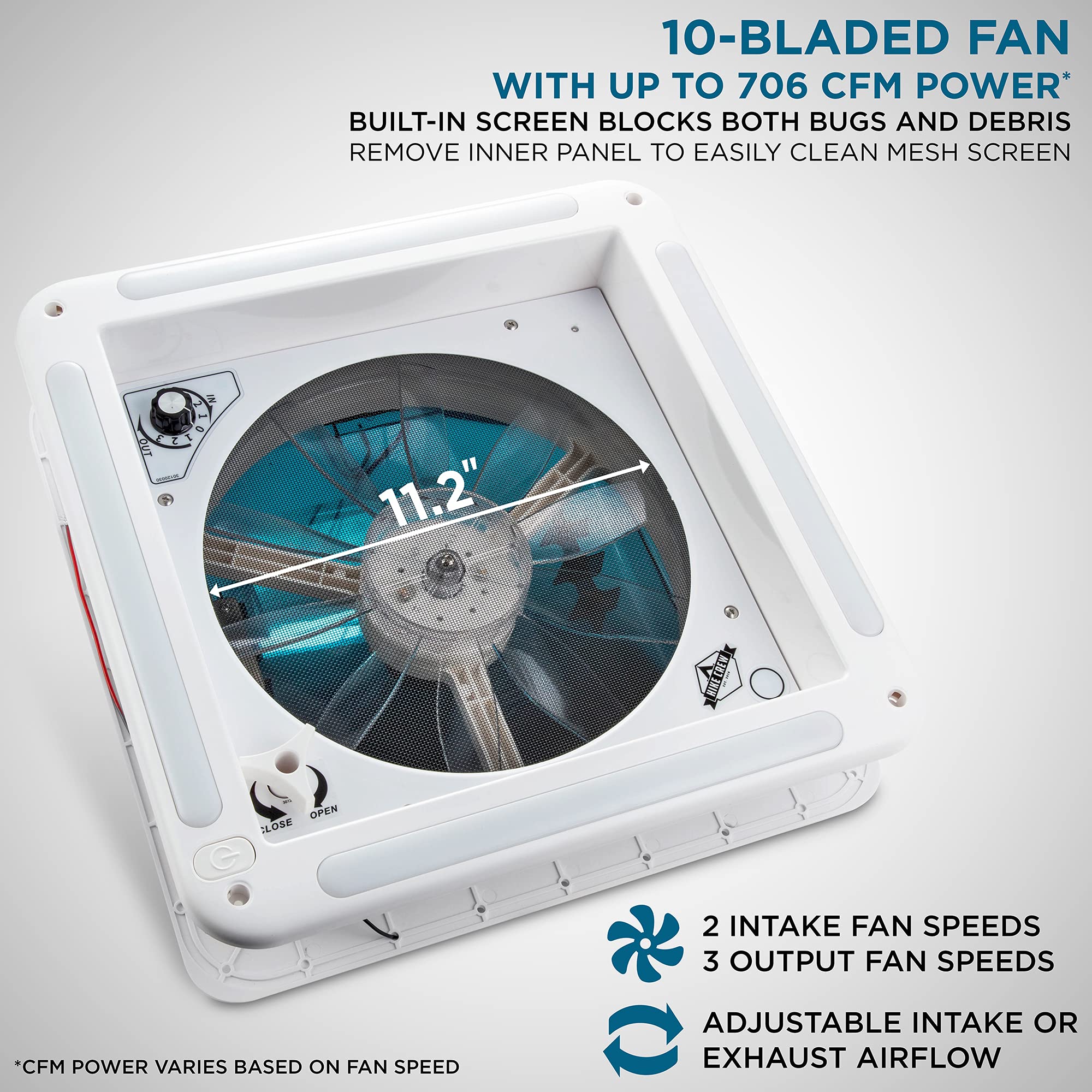 Hike Crew 14β RV Roof Vent Fan | 12V 3-Speed Intake & Exhaust 12V Camper Fan | Manual Open/Close | Includes Screws & Garnish | Smoked Lid