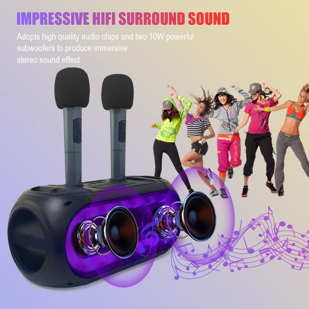 Karaoke Machine with 2 Wireless Microphones for Adults and Kids, Portable Bluetooth Speaker with Party Lights, FM Radio, Remote Control, Rechargeable PA System, Support USB, TF Card, AUX