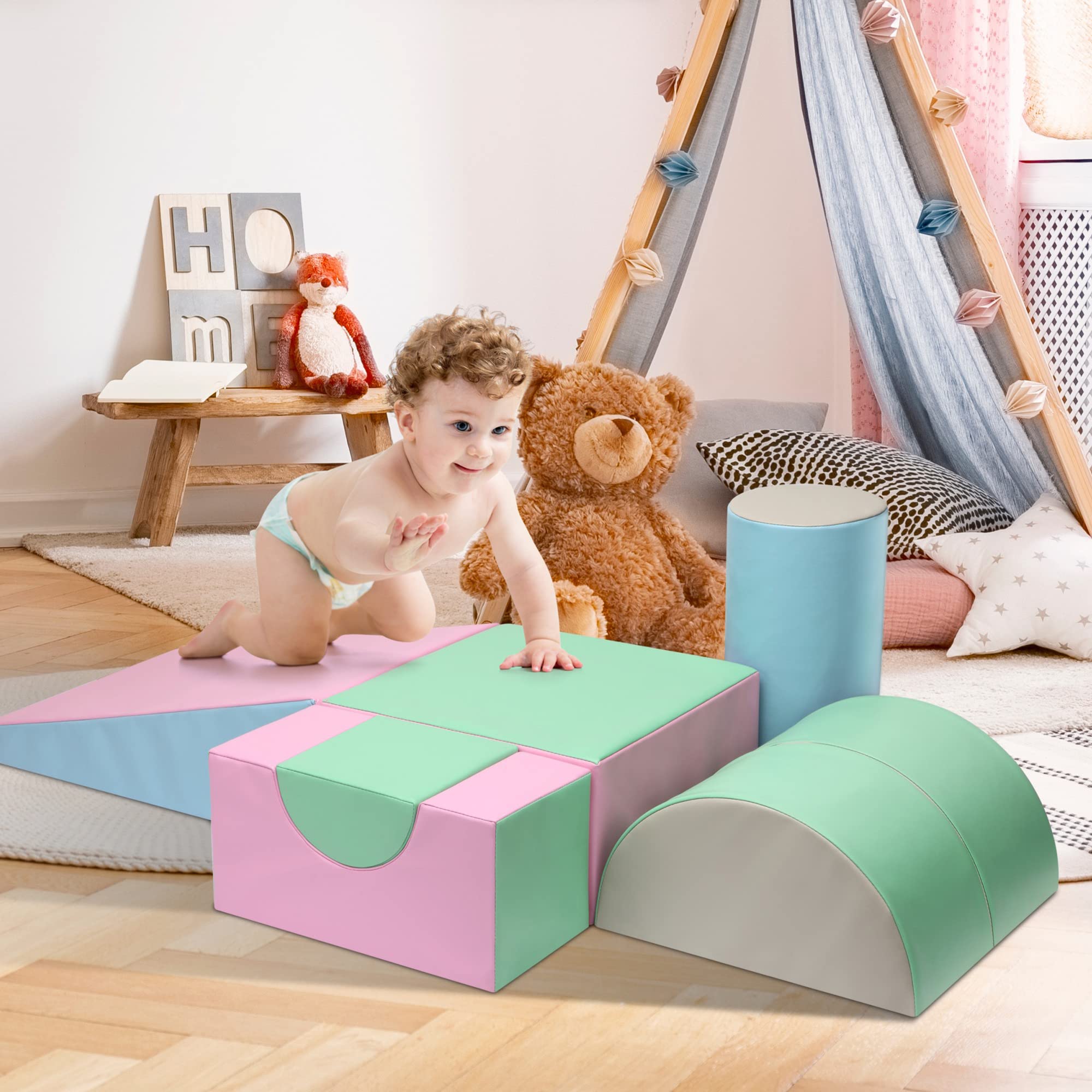 M HI-Mat Soft Climb and Crawl Activity Play Set,Safe Soft Foam Block for Preschoolers,Toddlers, Baby, Kids Crawl and Climb,Lightweight Foam Shapes for Climbing, Crawling and Sliding (Pink)
