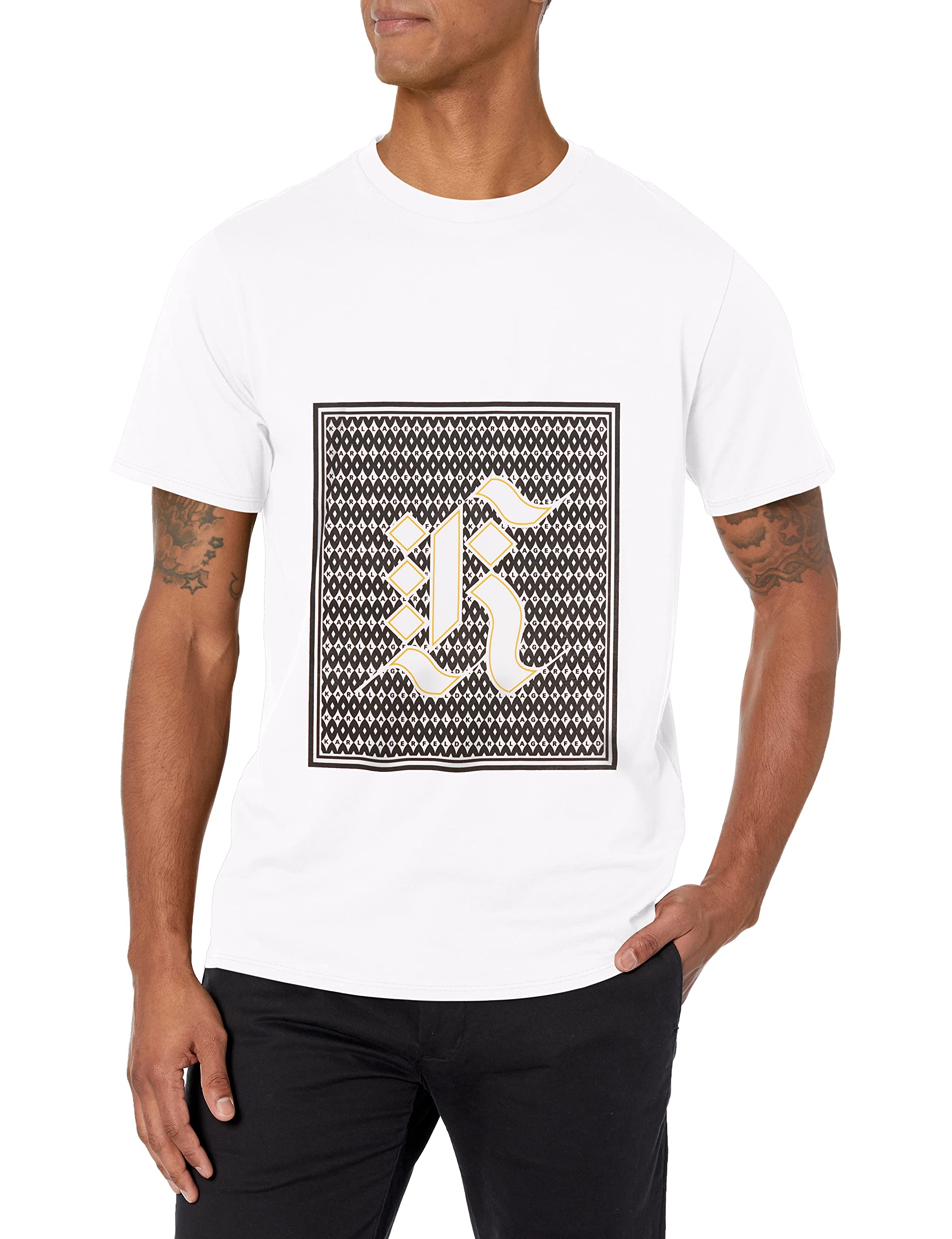 Karl Lagerfeld Paris Men's Framed Gothik Logo Crew Neck T-Shirt, White, Medium