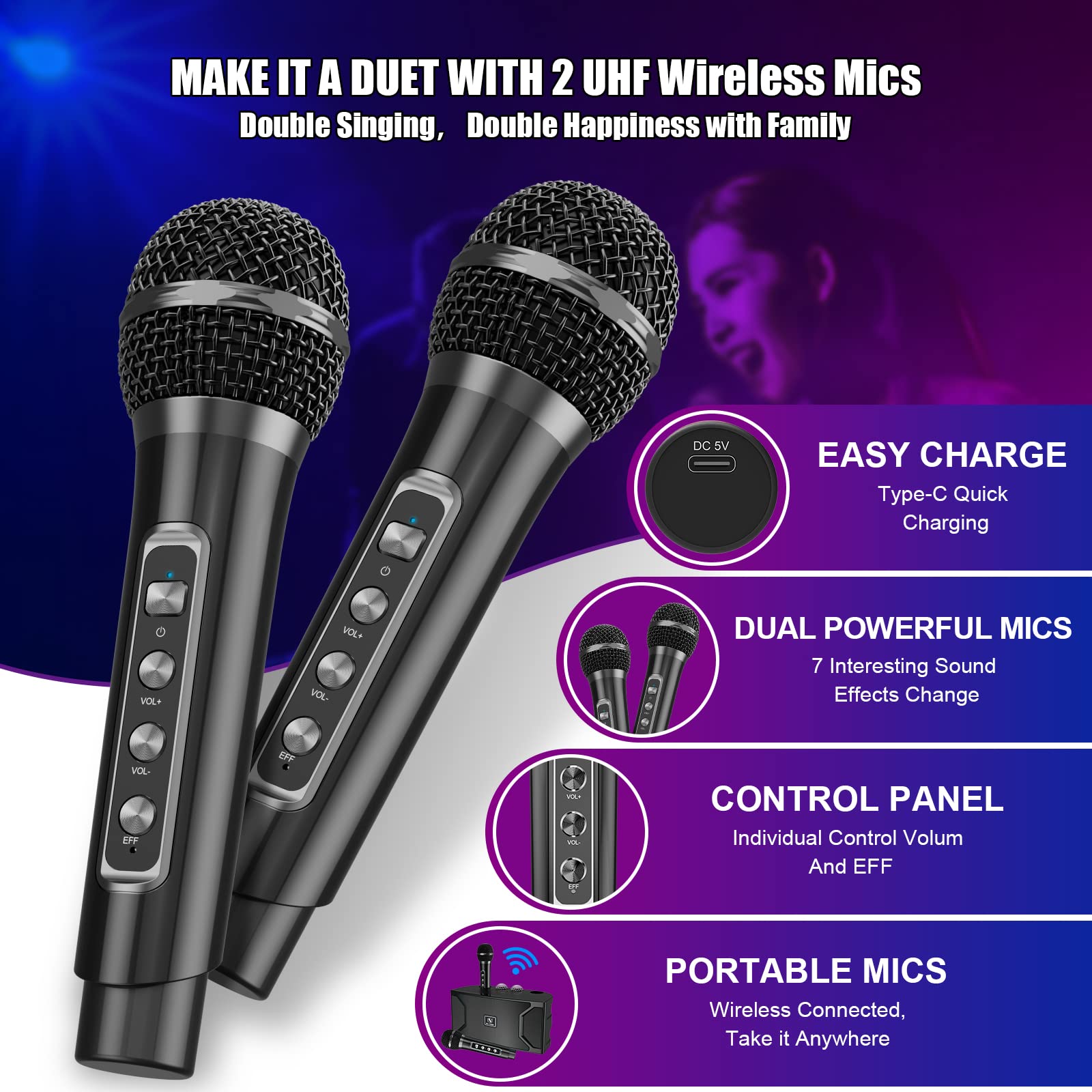 Karaoke Machine for Adults and Kids, with 2 Wireless Microphones, Portable Bluetooth PA Speaker System with LED Lights & Reverb/Treble Adjust, Echo & Vocal Cut, Best for Home Party, Wedding, Christmas