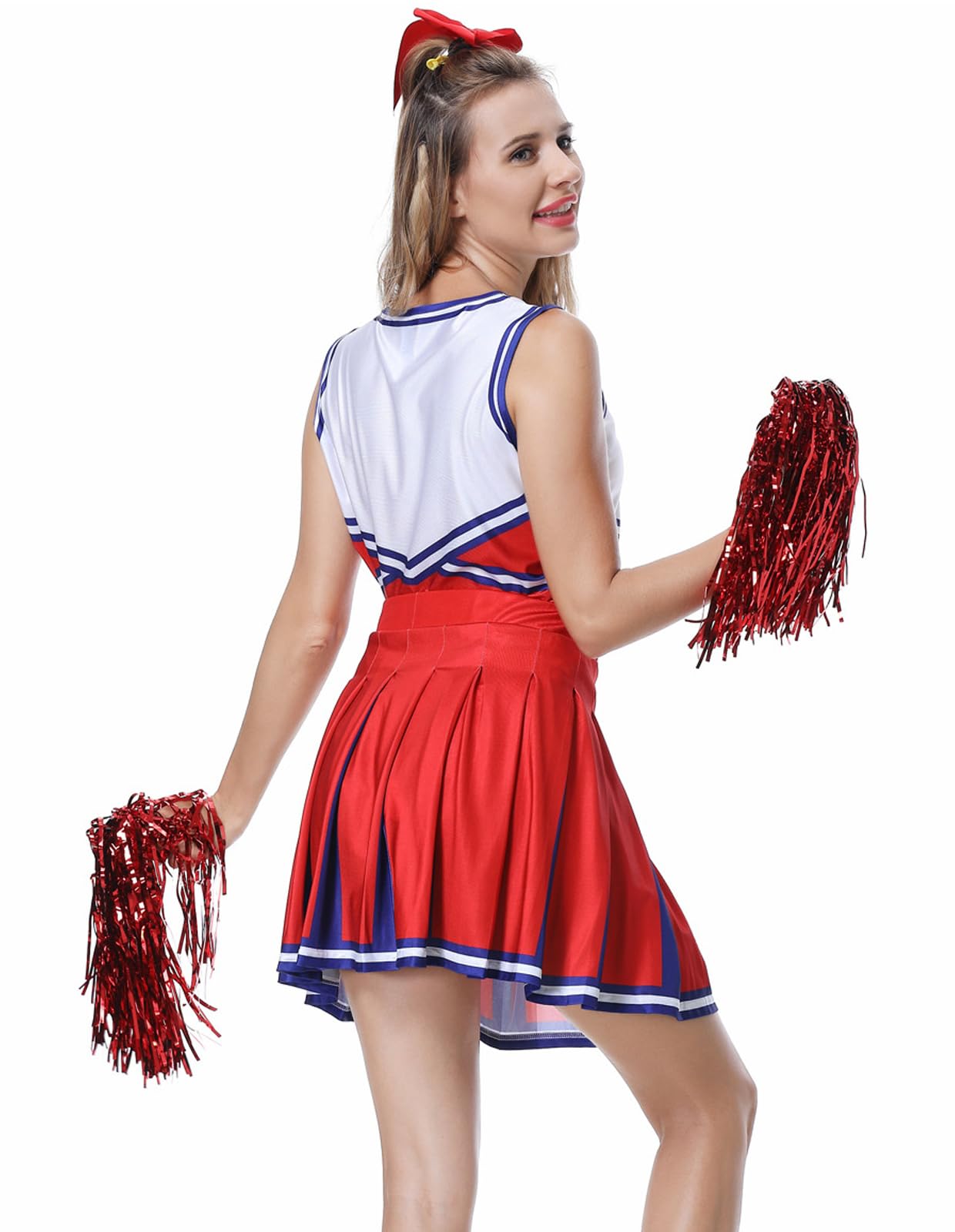 GRAJTCIN Women's Cheerleader Costume Halloween 3-Pieces High School Girl Cheerleading Outfit with Pom Pom(Medium, Red)
