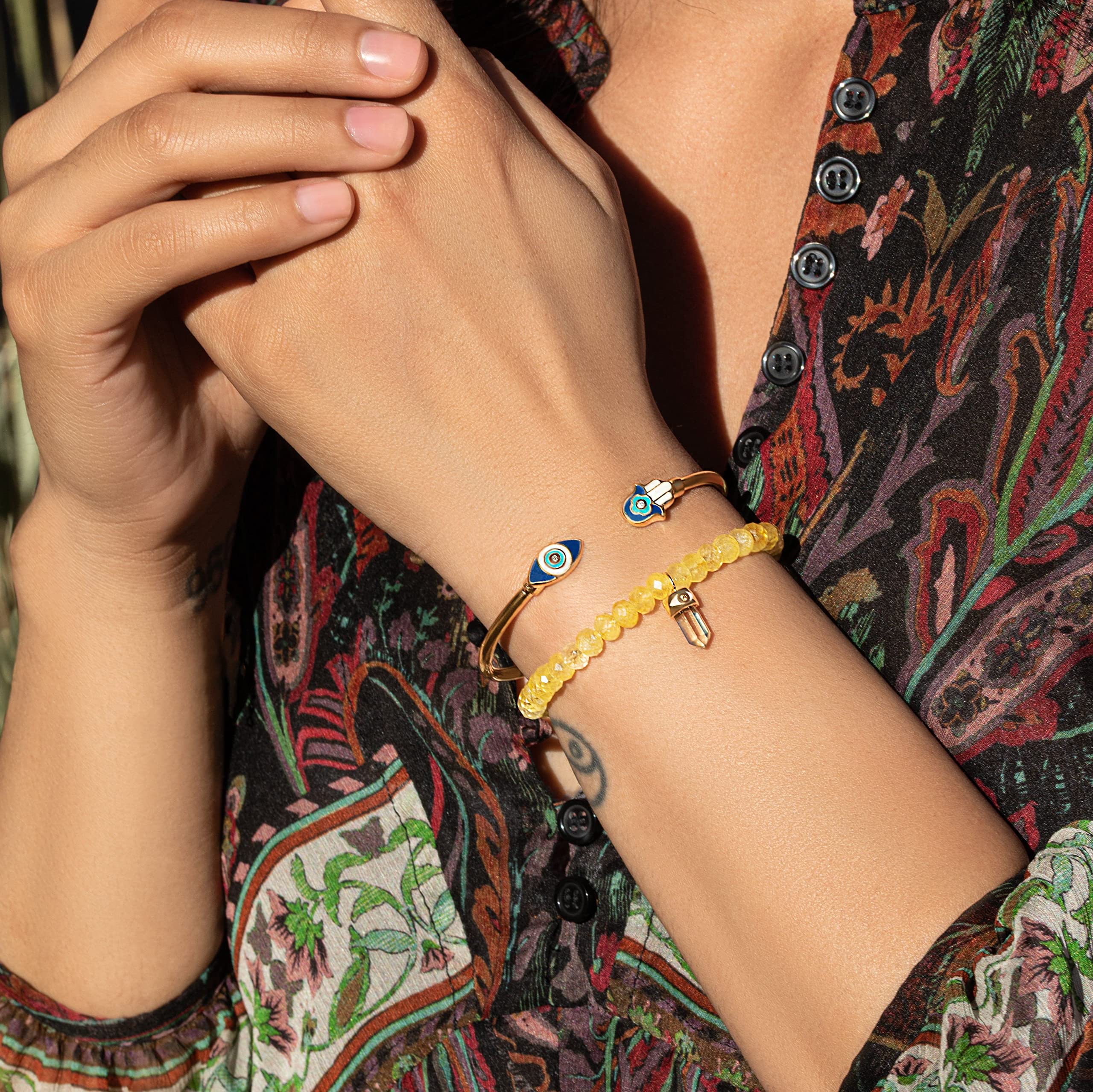 KARMA AND LUCK - Women's Genuine Citrine 18K Gold Plated Brass Real Stone Evil Eye Pointer Charm Beaded 6.75" Bracelet with a Gorgeous Embedded Diamond Chip (1-1.5 mm)