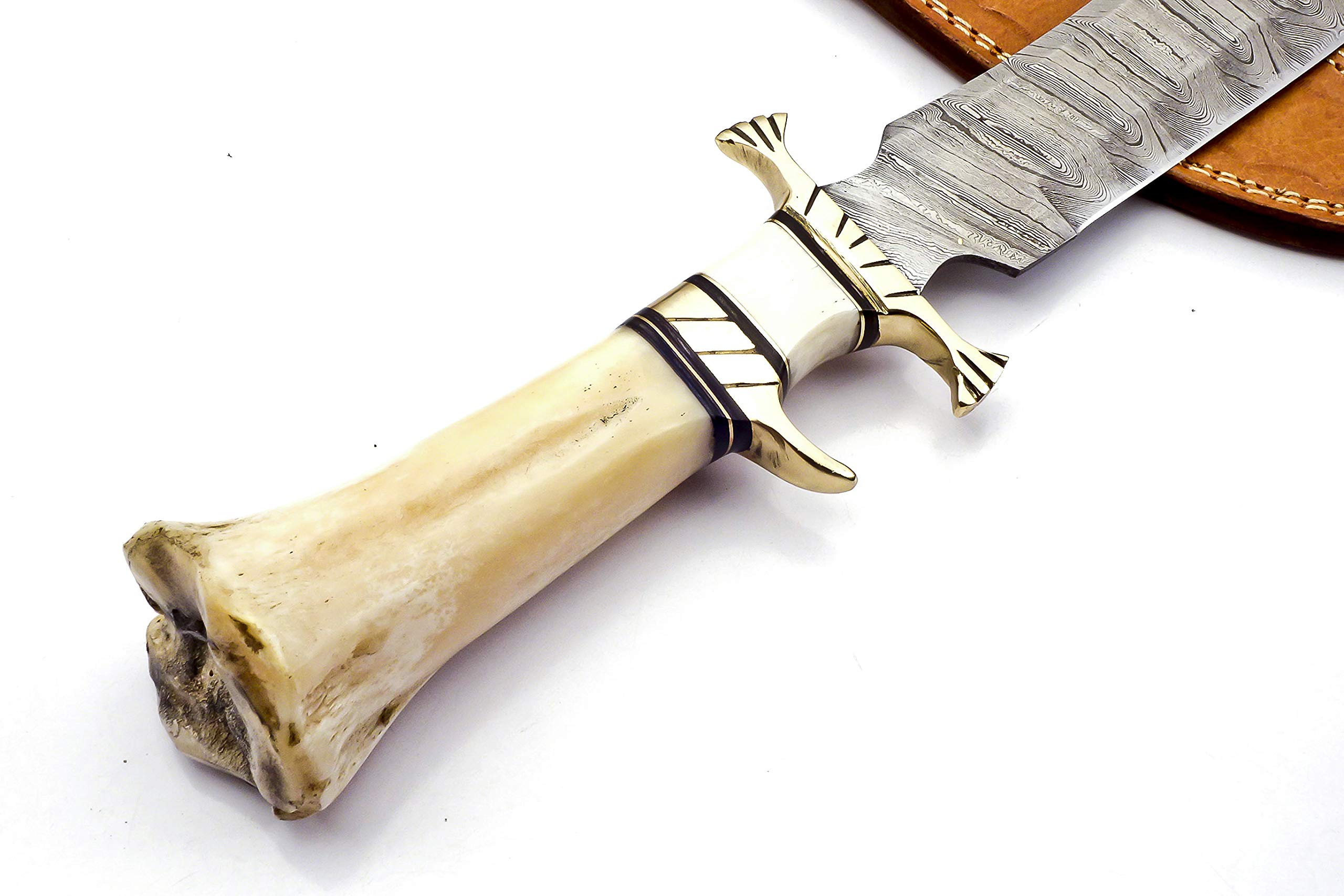 HandSmith™ 15" Handmade Damascus Steel Hunting Knife, Hand Forged Damascus Steel Fixed Blade Bowie Knife, Genuine Leather Sheath, Camel Bone Handle Firm Grip (White)