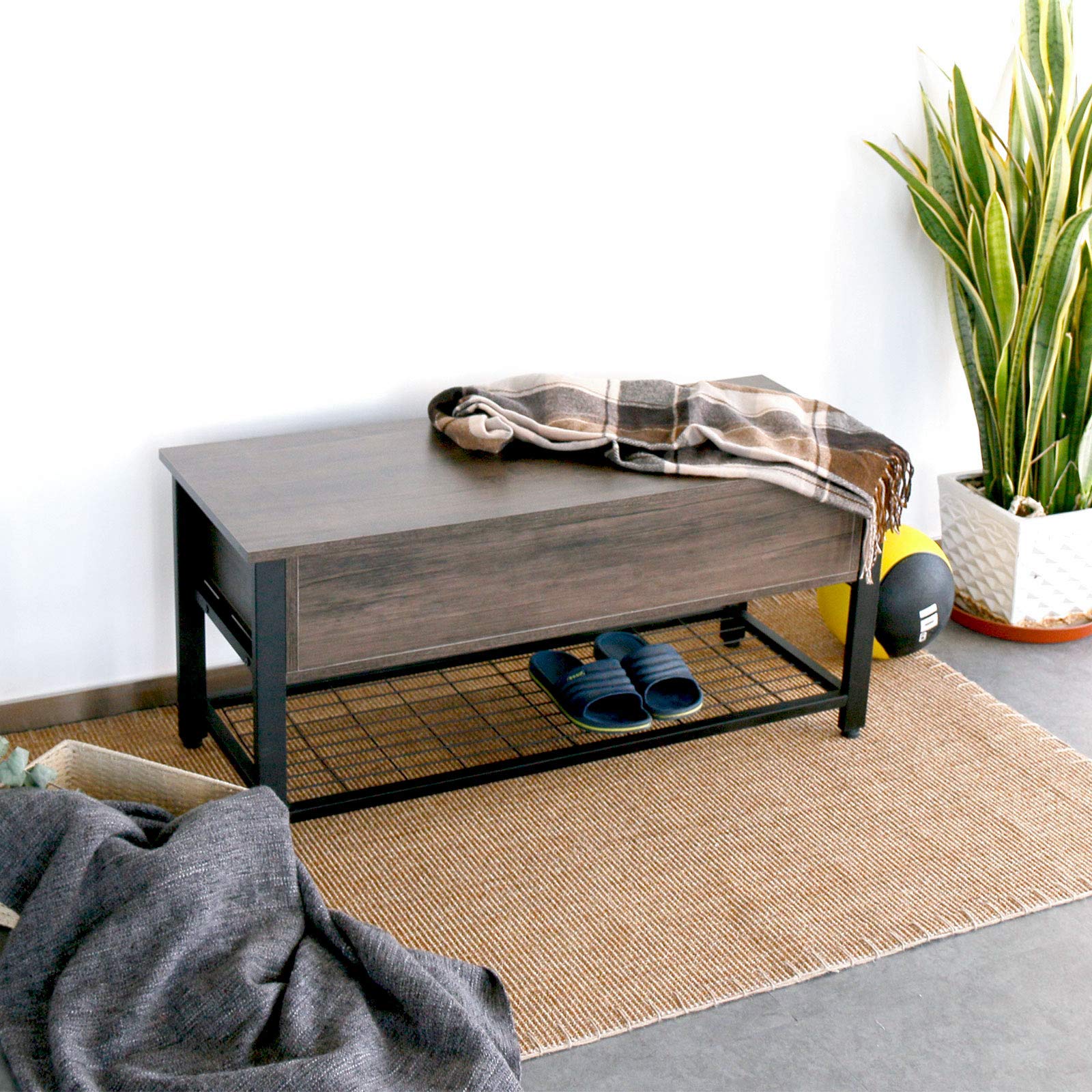 HOMEKOKO Industrial Storage Bench, Entryway Lift Top Shoe Storage Bench in Dining Room, Hallway, Living Room Metal Frame (Rustic Brown)