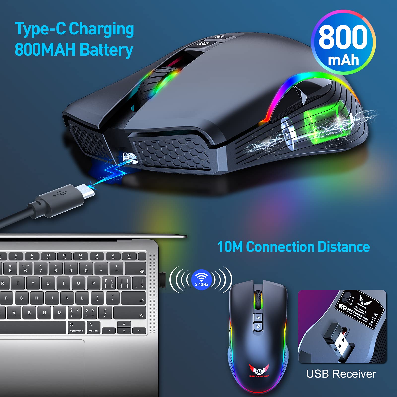 HETOETF Rechargeable Wireless Gaming Mouse, RGB LED Backlit Mouse with 4 Adjustable DPI, 7 Button, 2.4G USB Optical Gaming Ergonomic Computer Mice for Laptop PC Gamer Computer Desktop (Black)