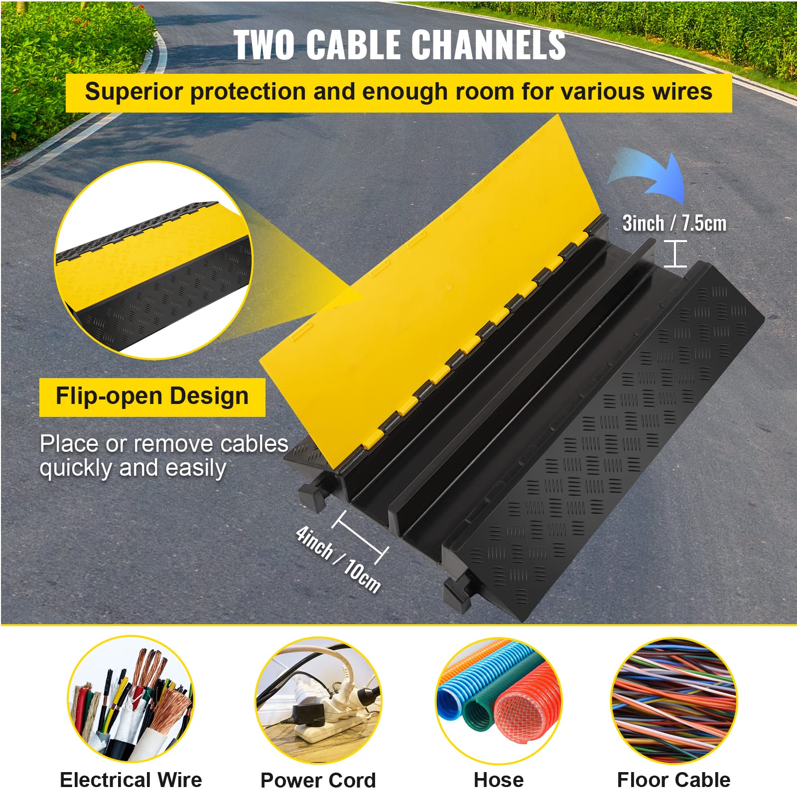 Happybuy Large 2-Channel Cable Protectors Rubber Cable Ramps 22000lbs per Axle Capacity Protective Cable Wire Cord Ramp Driveway Rubber Traffic Speed Bumps Cable Protector