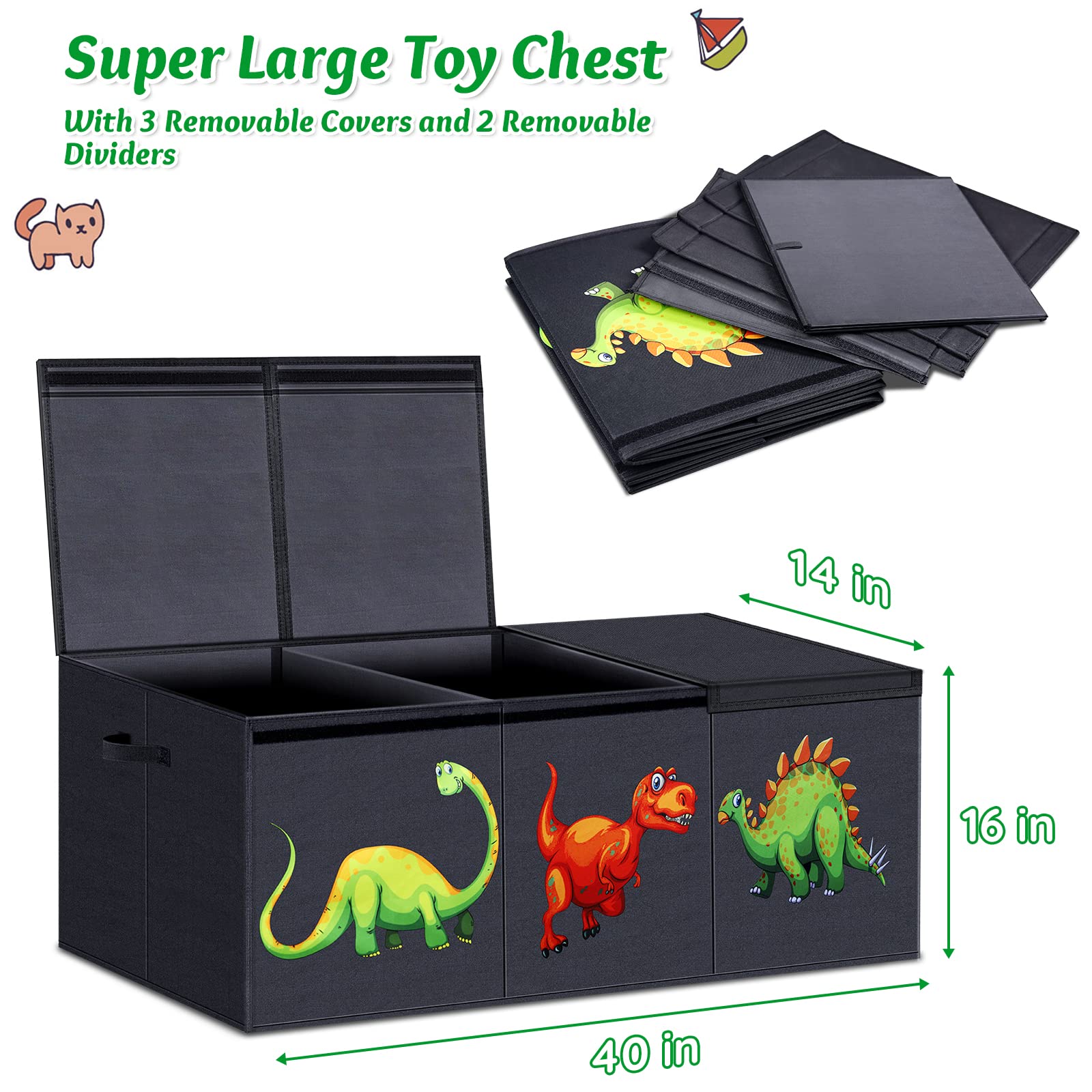 HOMEMARVEL Toy Chest for Boys, Black Dinosaur and Dog Pattern