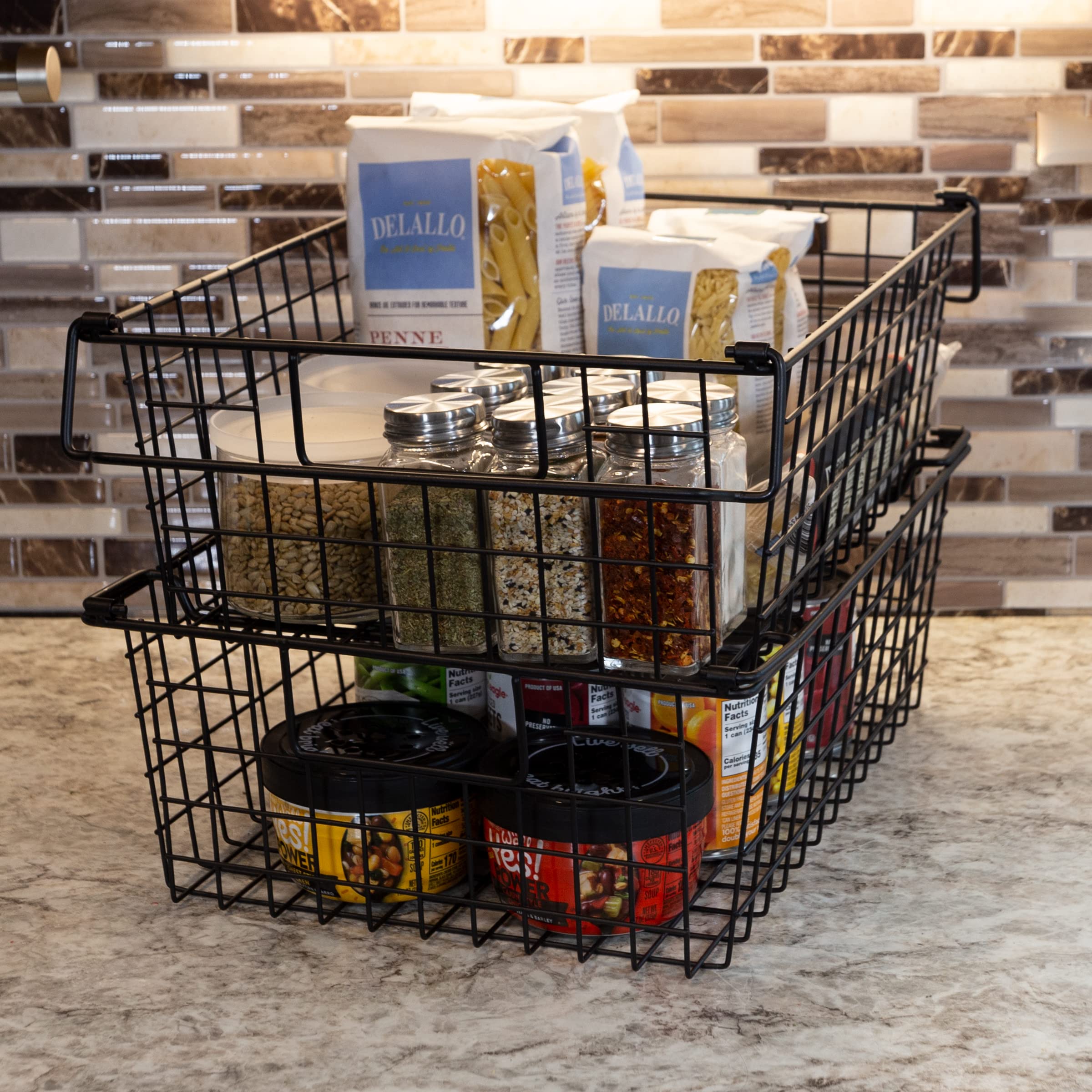 Home-Complete Nesting Storage Bins Stackable Wire Baskets, Set of 2, Large, Black, 2 Each
