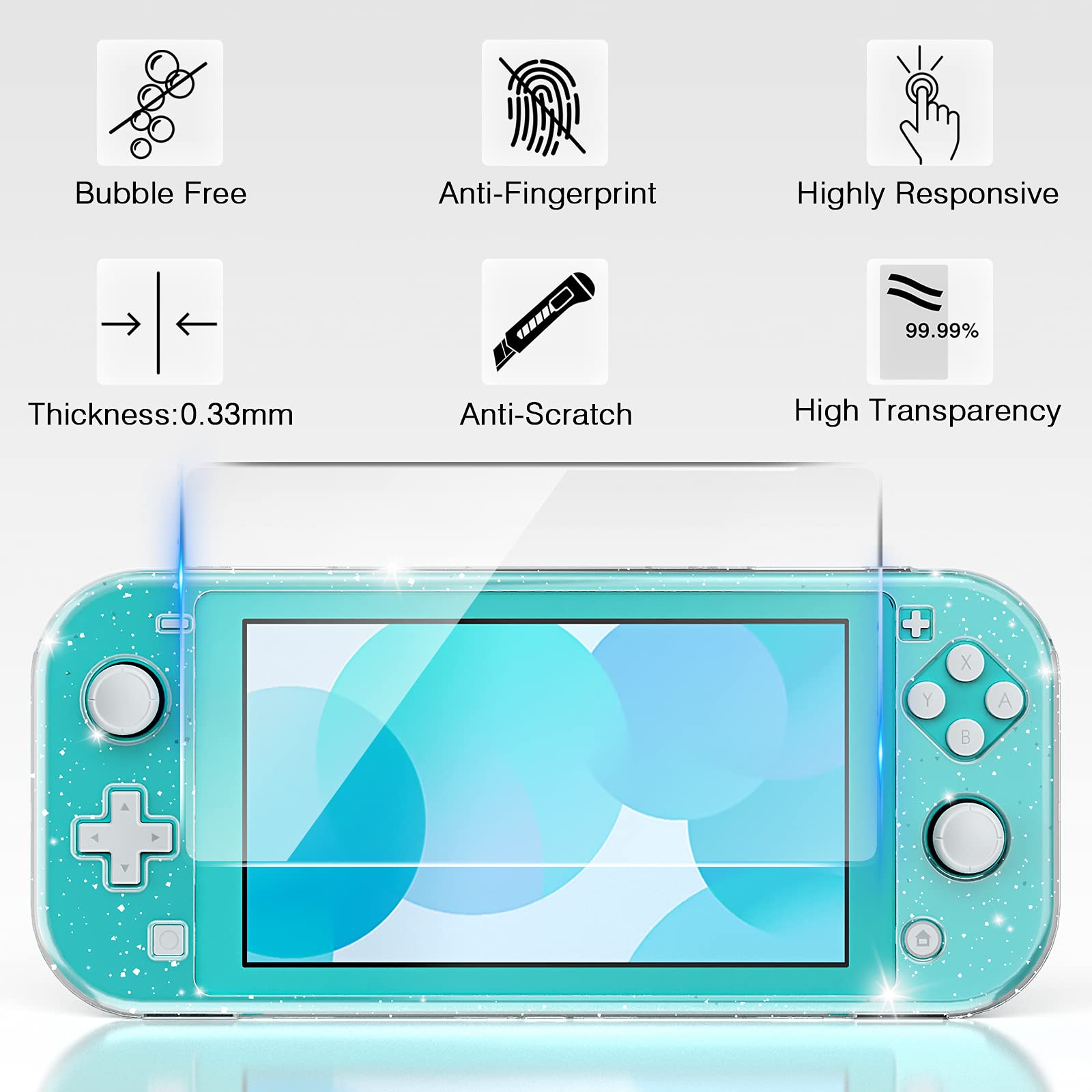 HEYSTOP Case Compatible with Nintendo Switch Lite, with Tempered Glass Screen Protector and 4 Thumb Grip, Front and Back, All-Round Protective case (Clear)