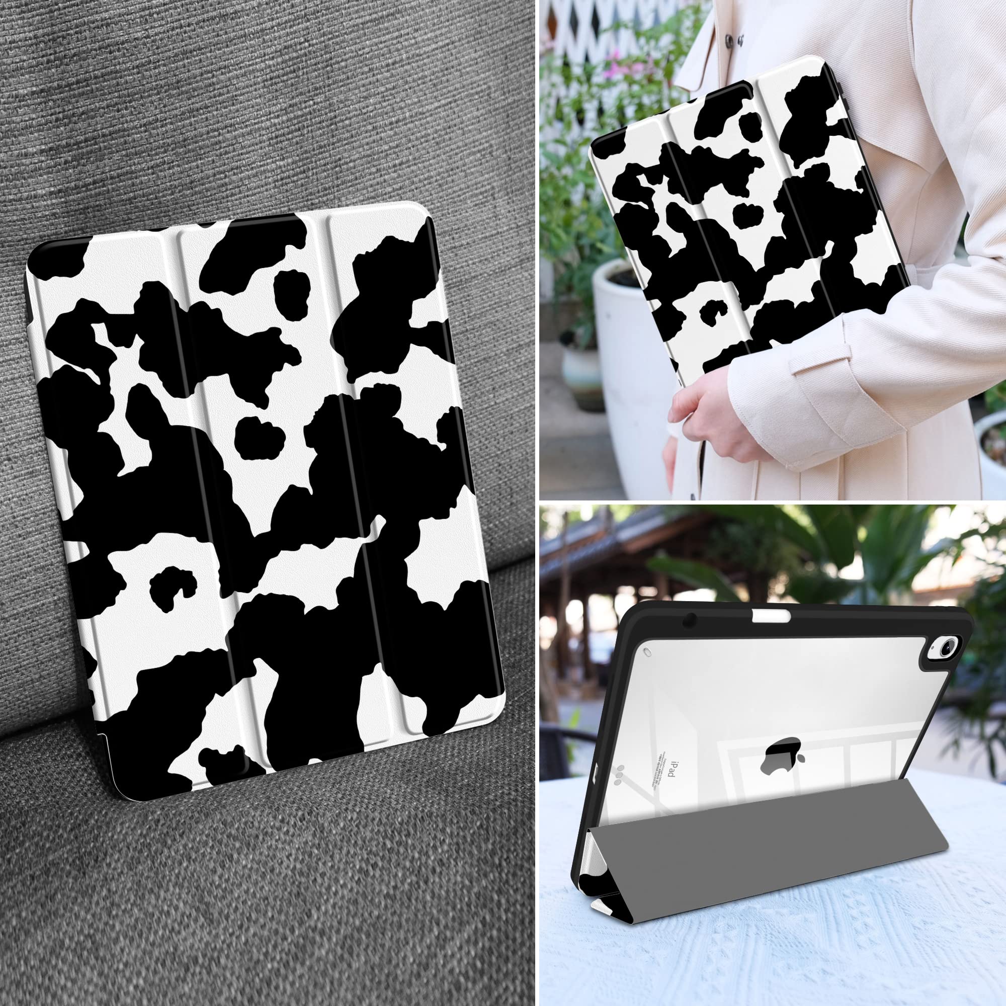 MEEgoodo for iPad 10th Generation Case 10.9 inch 2022, Tablet Cases with Clear Back & TPU Shockproof Frame Cover, Kids Shell with Trifold Stand+Pencil Holder+Auto Wake/Sleep, Black & White Piebald