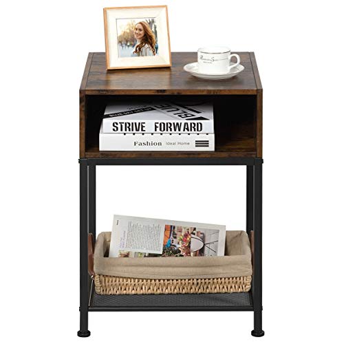 Home Office Living Room Bedroom Furniture Decor Coffee Sofa Side Bedside End Industrial Table Nightstand with mesh Shelf Rustic Brown Wood and Sturdy Steel Compact Size Easy Assembly