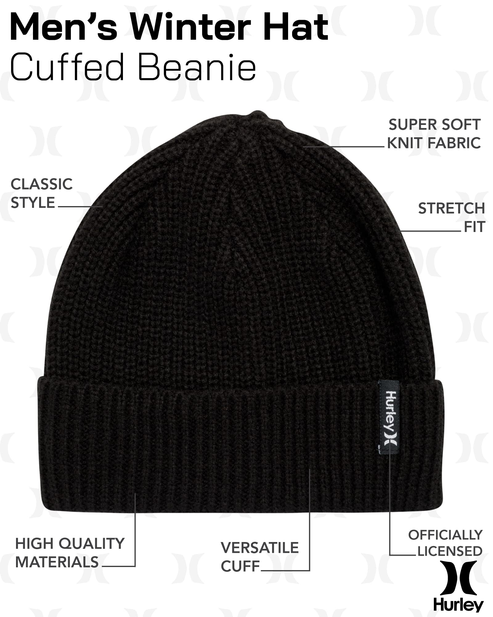 Hurley Men's Cuffed Beanie - Loose Knit Winter Hat, Size One Size, Black