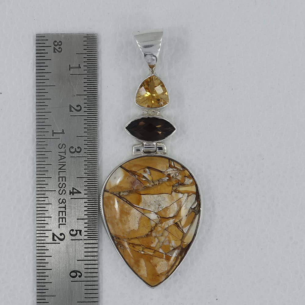 Jaipur Silver Jewels - Brecciated Mookaite Jasper, Smoky Quartz, Citrine Pendant, Gift Jewelry