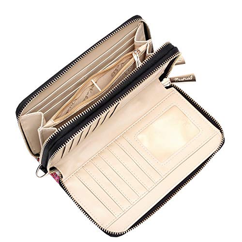 LuxeBag Frida Kahlo Faux Leather Double Zip Wallet with Wristlet (Beige/Black)