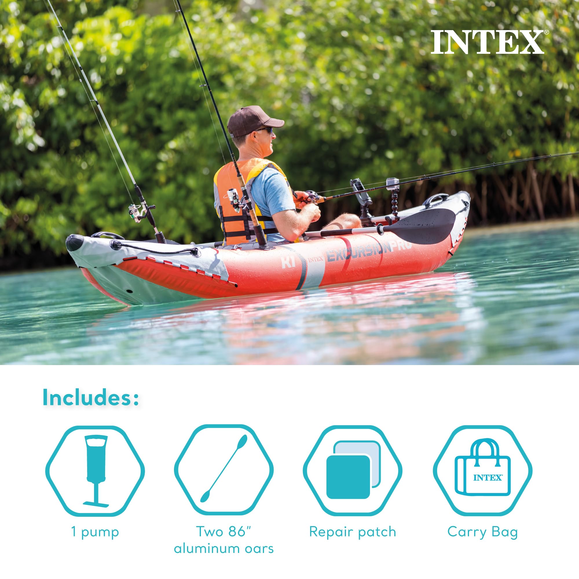 INTEX 68303EP Excursion Pro K1 Inflatable Kayak Set: Includes Deluxe 86in Kayak Paddles and High-Output Pump β SuperTough PVC β Adjustable Bucket Seat β 1-Person β 220lb Weight Capacity
