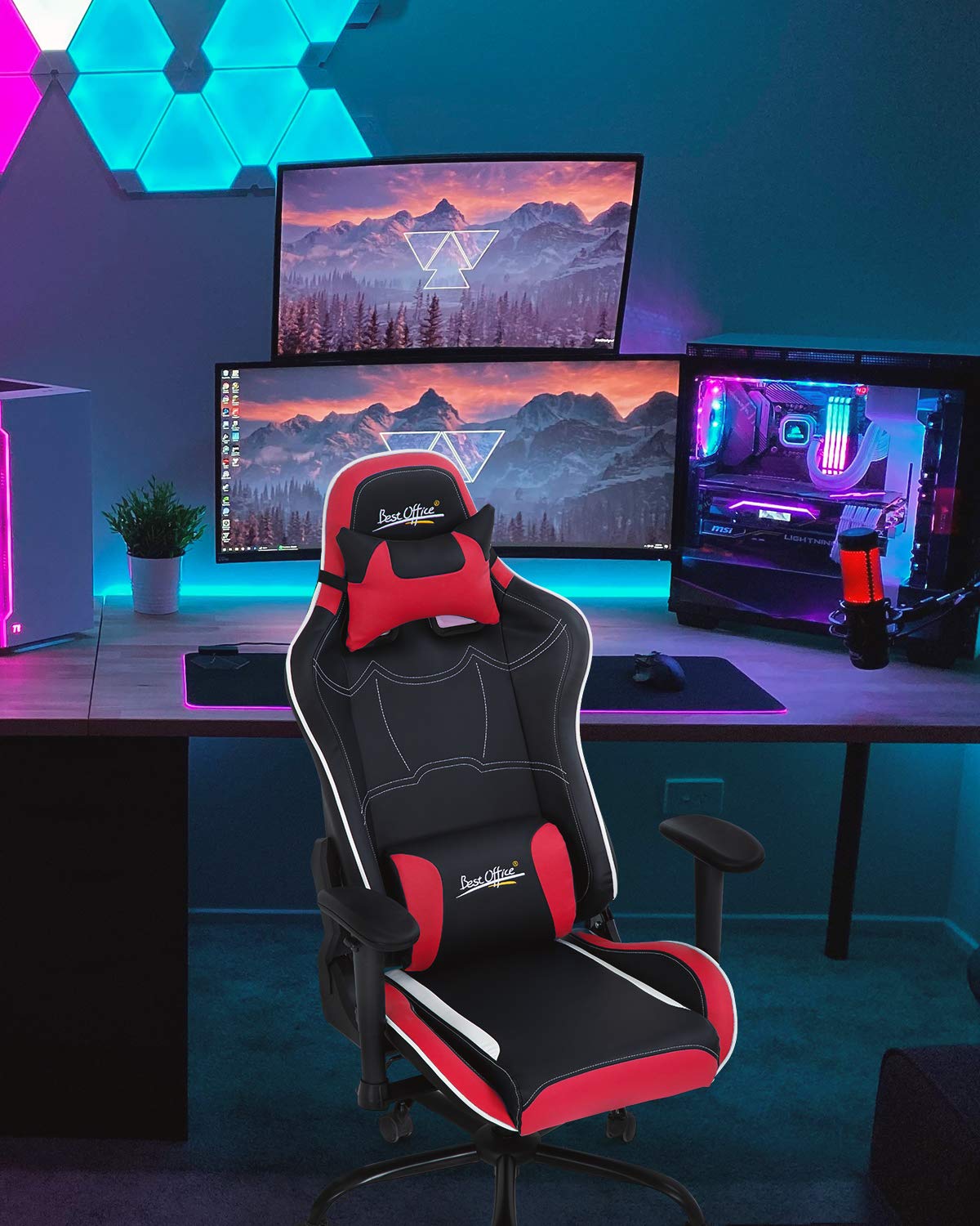 Gaming Chair Racing Chair Computer Chair with Lumbar Support Headrest Armrest PC Rolling Swivel Desk Chair Task Ergonomic PU Leather E-Sports Adjustable Office Chair(Red)