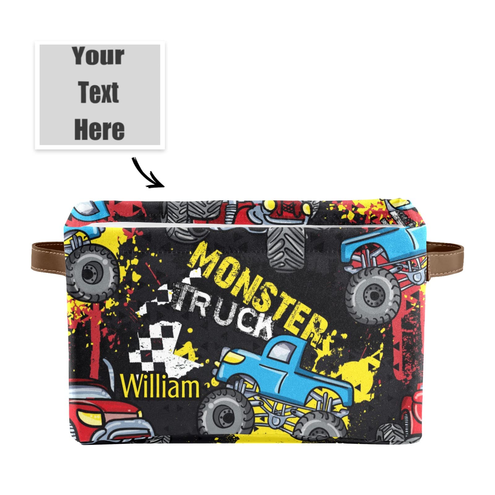 Monster Truck Personalized Storage Bins,Foldable Baskets Organizer with Handle for Nursery Pet Toy Clothes Box 1 Pack