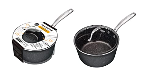 MasterPan Granite Ultra Non-Stick Cast Aluminum Sauce Pan with Glass Lid, 7", Black