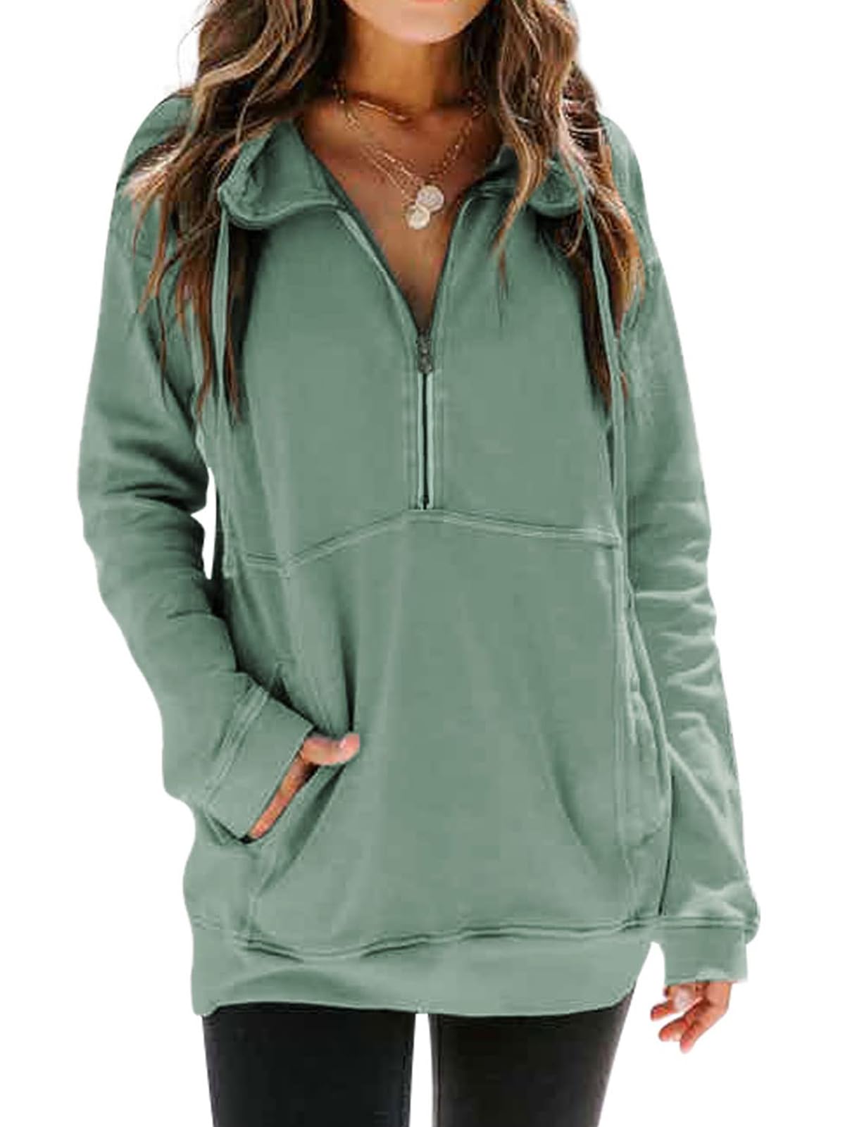 Ladmous Women's Casual Pockets Zip Up Pullover Tops Drop Shoulder Sweatshirts Loose Fit Green XL