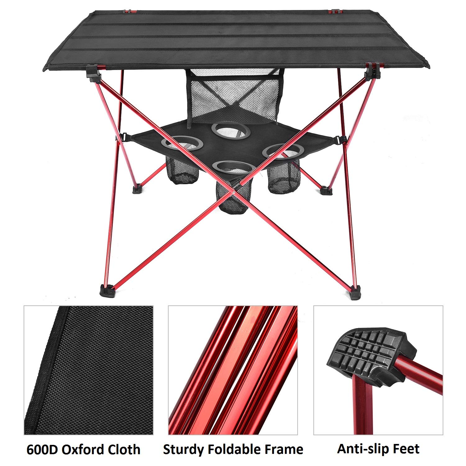 Grepatio Lightweight Camp Table - 4 Mesh Cup Holders and Carrying Bag Included, Folding Canvas Camping Table for Picnic, BBQ, Fishing, Hiking