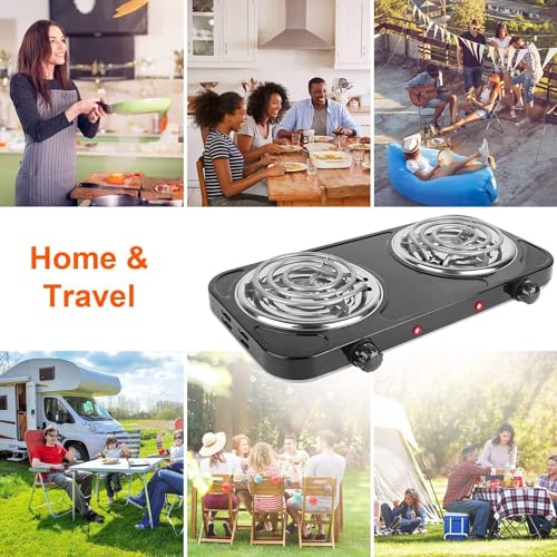 Hot Plate, 2000W Portable Electric Double Coil Burner with Dual Control & 5 Level Temperature Control, Easy to Clean, Lightweight Stainless Steel Countertop Stove for Kitchen Dorm Camping,110V
