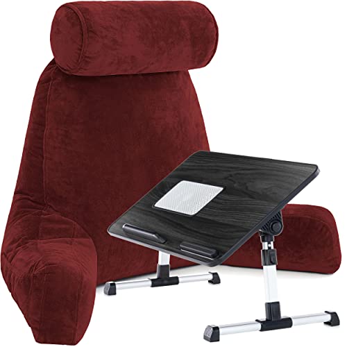 Husband Pillow Combo - Backrest Pillow with Arms : XXL Maroon & Lap Desk Bed Tray : Pink - Memory Foam Reading Pillows for Bed w/Removable Neck Roll & Laptop Bed Tray Table