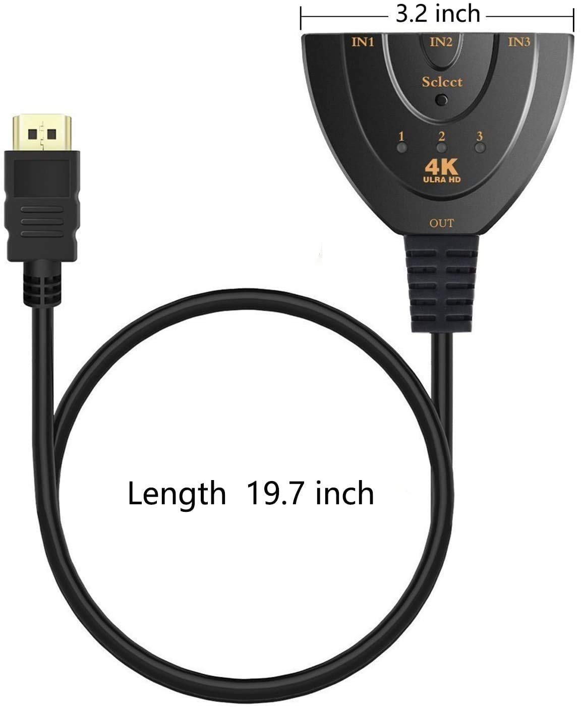 HDMI Switch, 3 Port 4K HDMI Switch 3 in 1 Out with High Speed Switch Splitter Pigtail Cable Supports Full HD 4K 1080P 3D Player