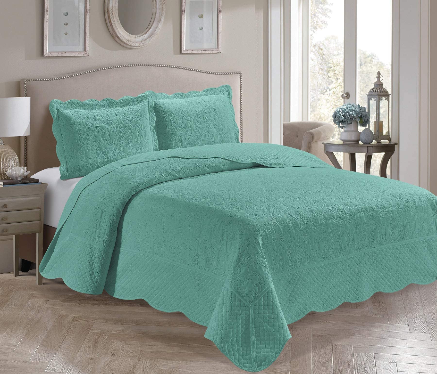 Home Collection 3 Piece King/California King Over Size Embossed Solid Light Blue Color Coverlet Bedspread New # Veronica
