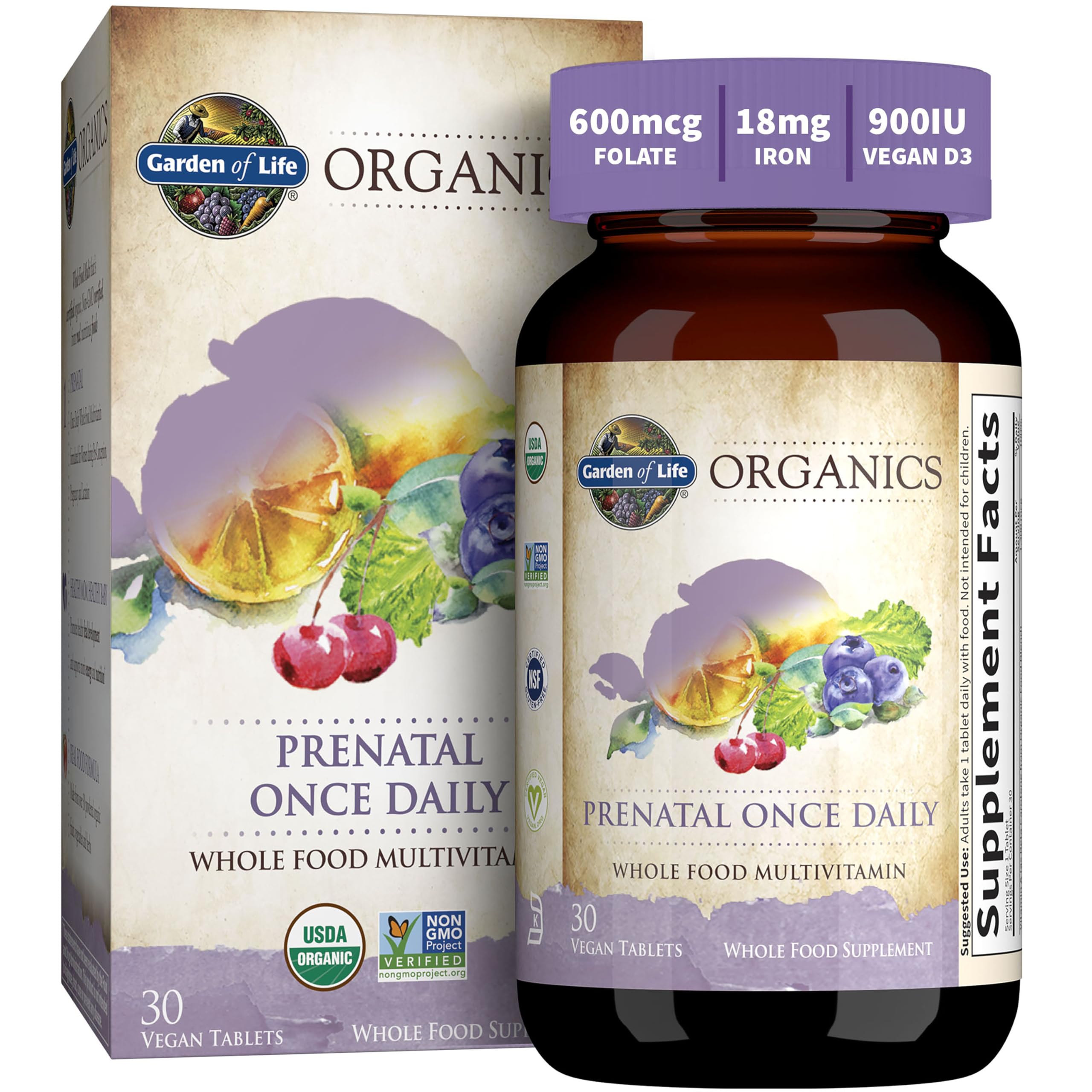 Garden of Life Organics Prenatal Vitamin: Folate for Energy & Healthy Fetal Development, Non-constipating Iron, Vitamin C, B6, B12, D3 â Organic, Non-GMO, Gluten-Free, Vegan, 30 Day Supply