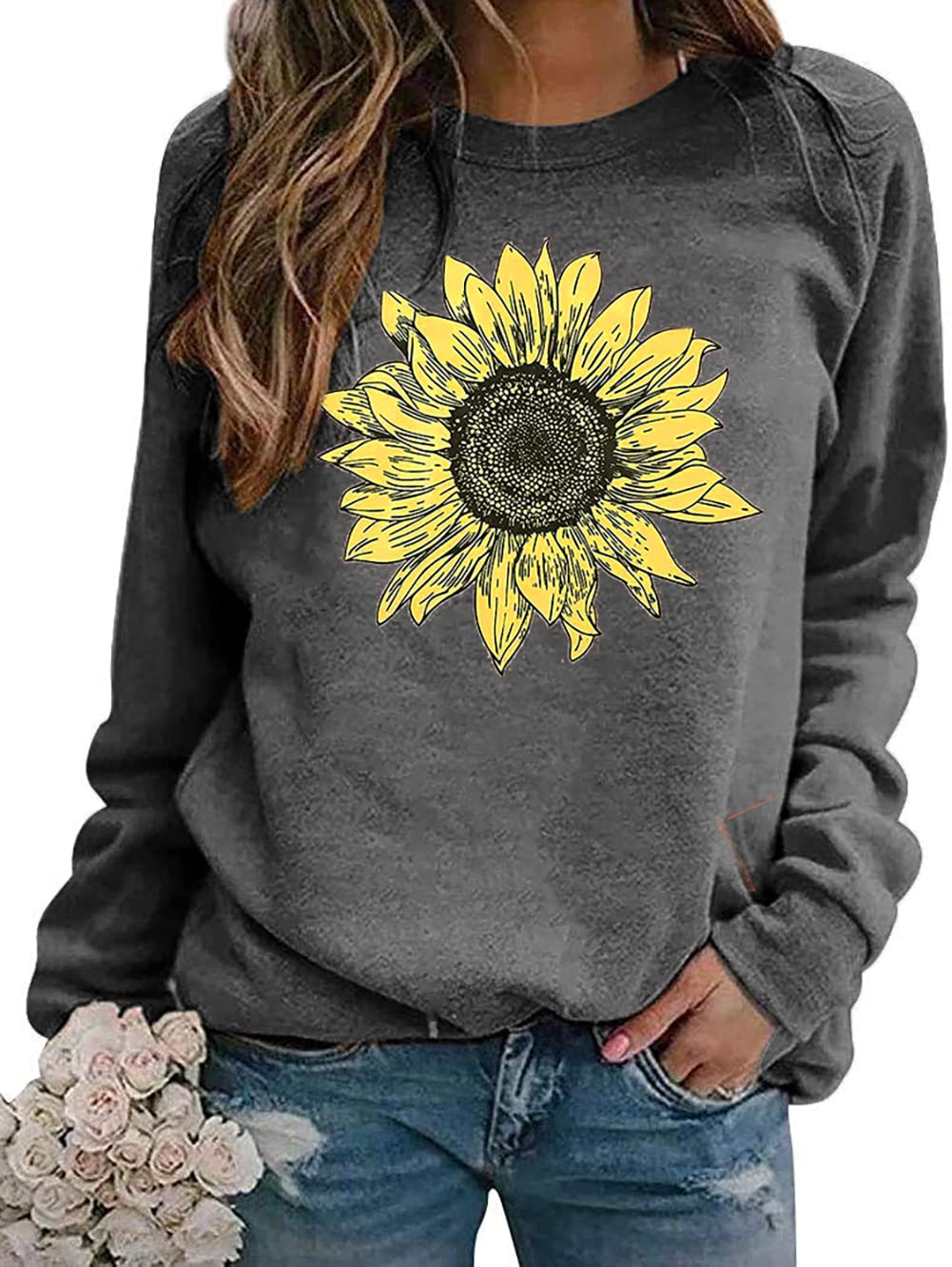 KIMSOONG Sunflower Sweatshirt Women Funny Flower Graphic Long Sleeve Cute Floral Pullover Faith Tee Tops Winter Sweater Top Grey