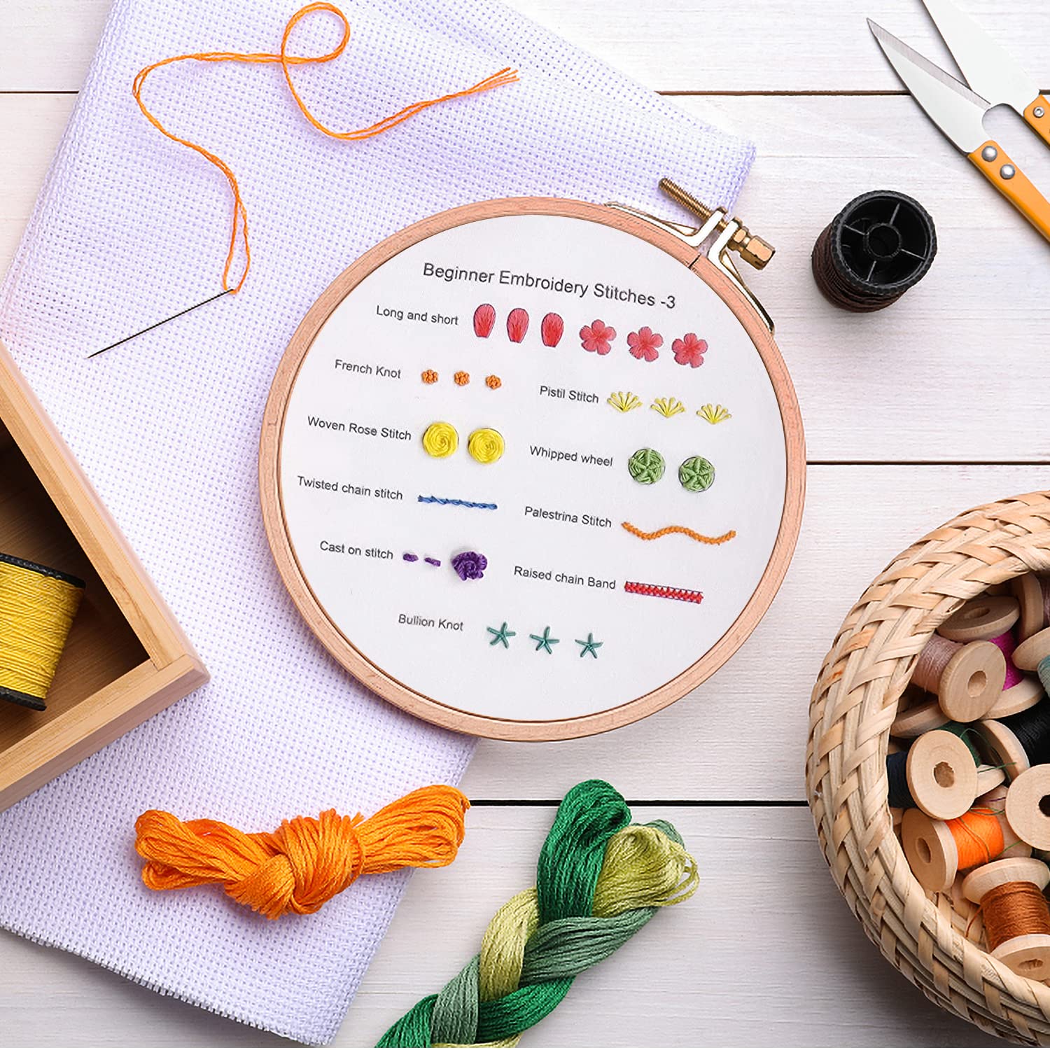GOONAVI Beginner Embroidery Stitch Practice Kit, 3 Sets Embroidery Kit Include Embroidery Cloth with 30 Different Stitches Pattern Instructions Embroidery Hoops Threads and Tools for Craft Lover