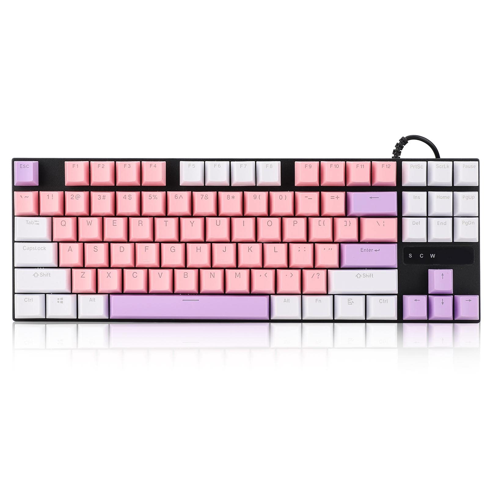 Mechanical Gaming Keyboard, Keyless Conflict Gaming Keyboard with 87 Keys Color Lock for Laptop (Pink Purple)