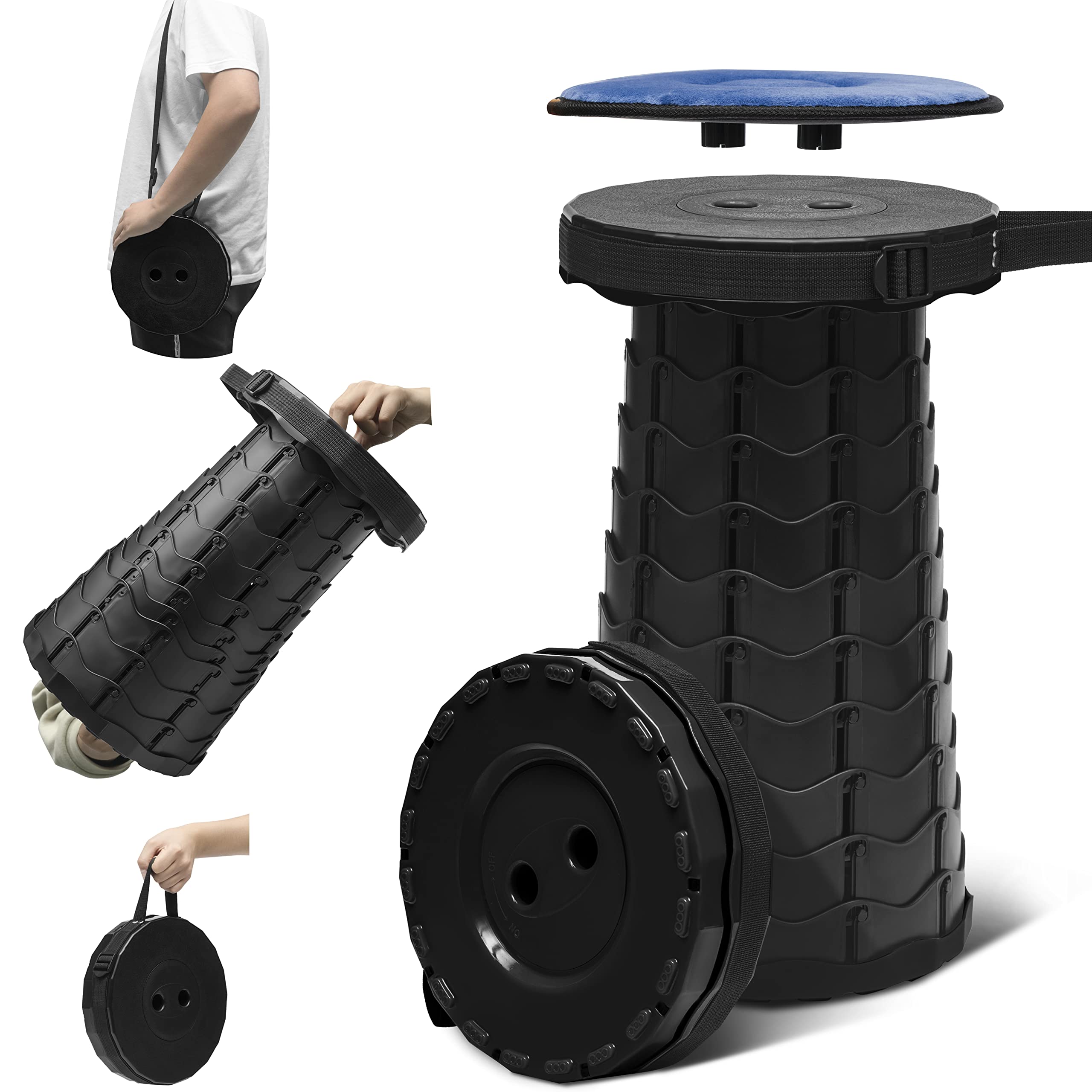 Magic Vision LLC Portable Folding Stool Lightweight Telescopic Stool for Adults with Load Capacity 400 LB Retractable Plastic Shrinkable Seat for Camping Fishing BBQ Outdoors Indoors Kitchen. (Black)