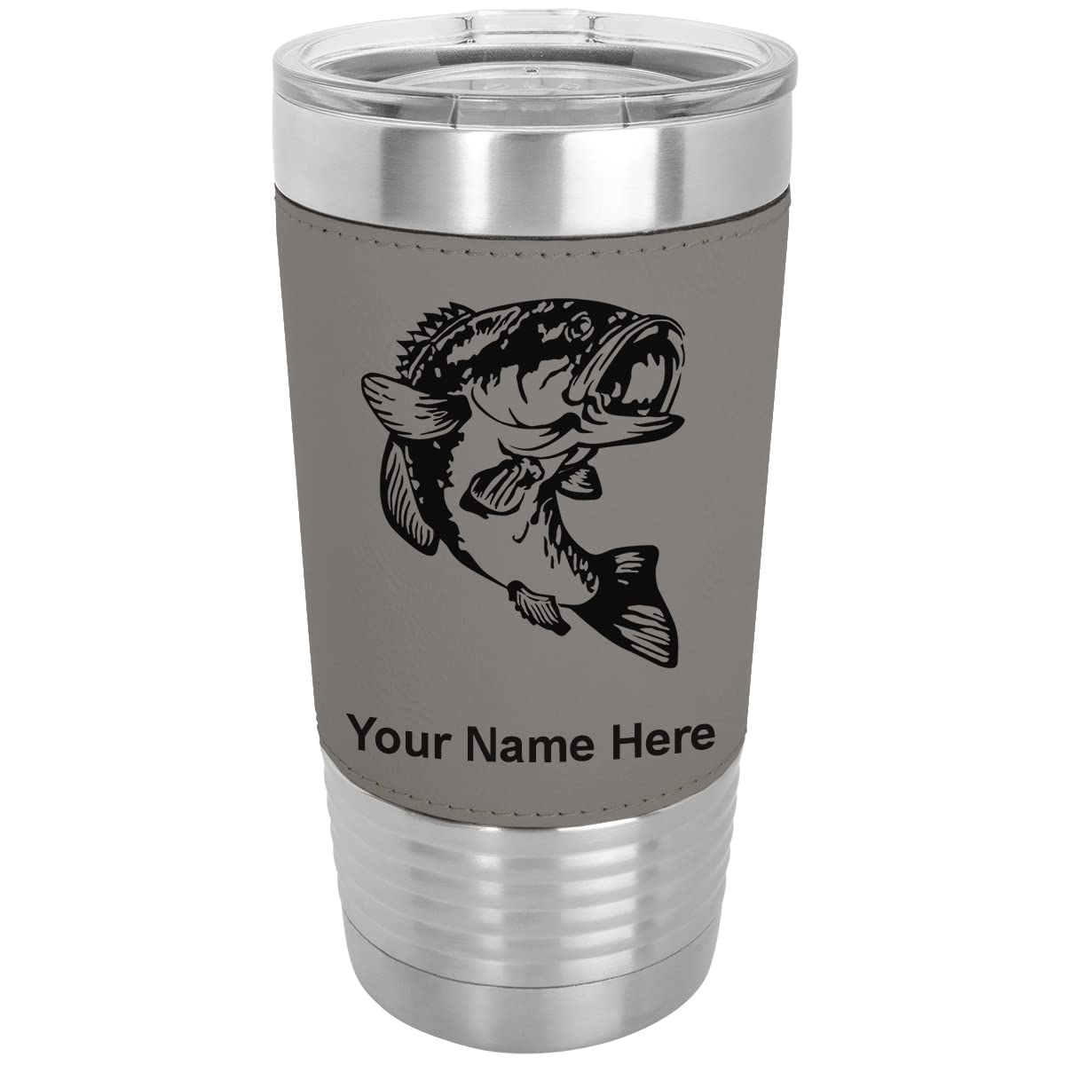 LaserGram 20oz Vacuum Insulated Tumbler Mug, Bass Fish, Personalized Engraving Included (Faux Leather, Gray)