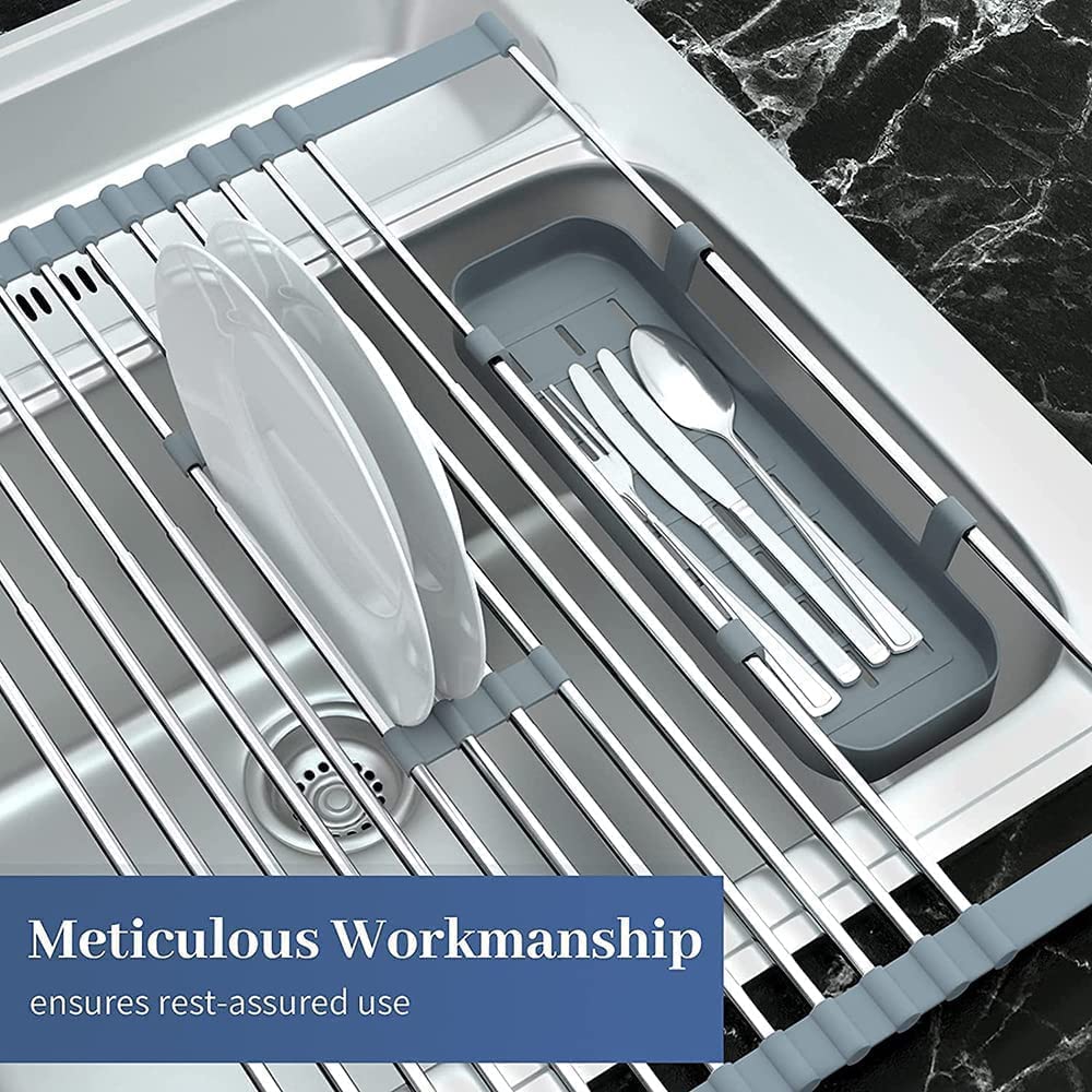 HFEDYZ Roll Up Dish Drying Rack Over The Sink，Collapsible Small Dish Drying Rack，Kitchen Sink Accessories, Expandable Dish Drying Rack with 2 Storage Baskets (Grey)
