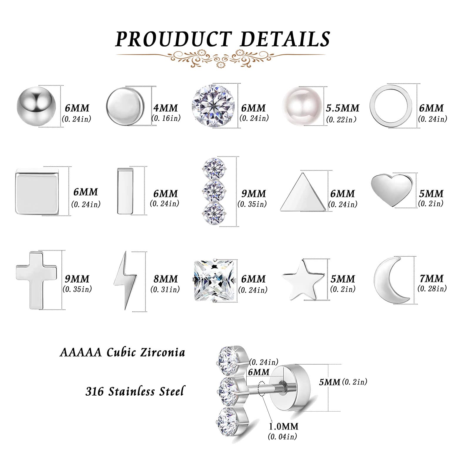 Jamboo Stainless Steel Flatback Stud Earrings, 15 Pairs Hypoallergenic Silver Earrings for Women